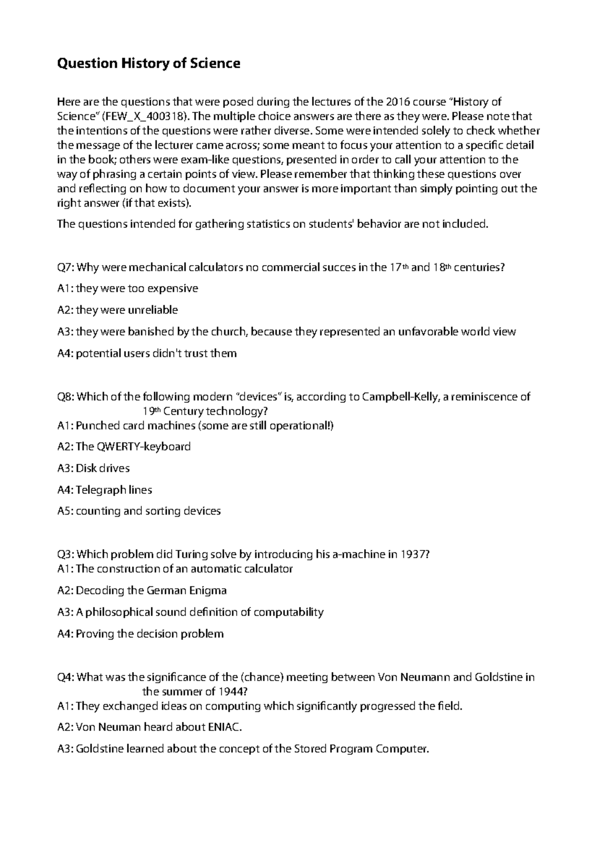 Questions During Lectures - Question History of Science Here are the ...