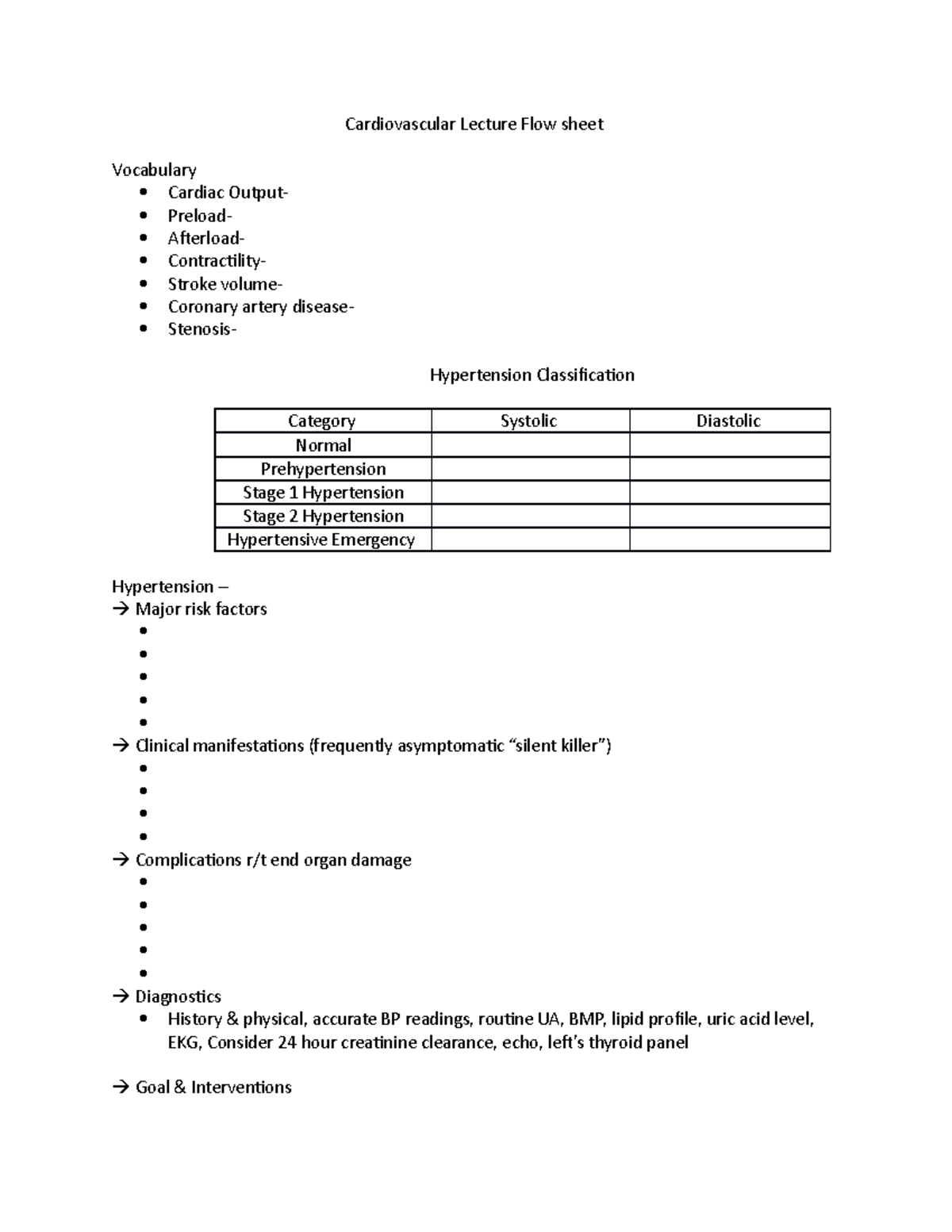 Cardiovascular Lecture Flow sheet - Cardiovascular Lecture Flow sheet ...