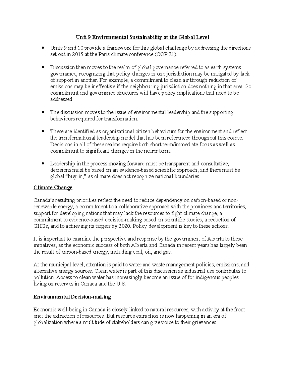Unit 9 Environmental Sustainability at the Global Level - Discussion ...