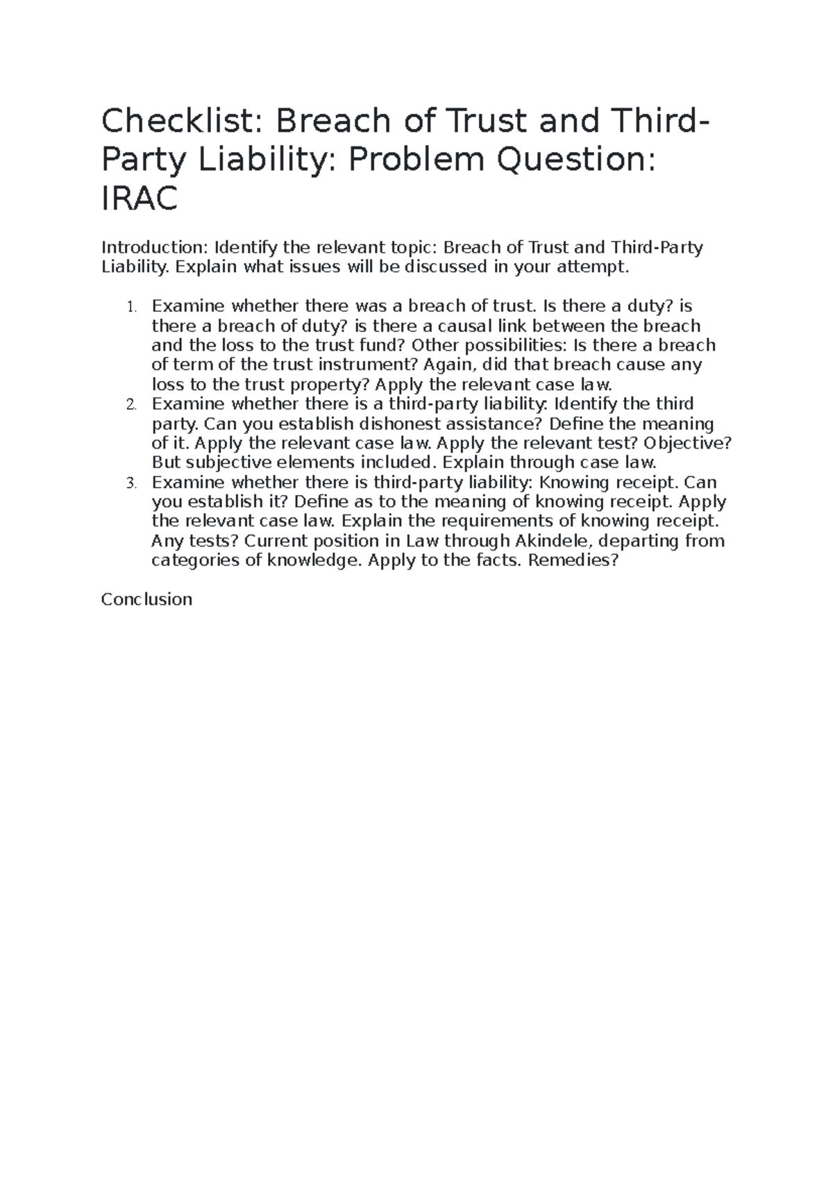 Checklist Breach of Trust and Third-Party Liability - Explain what ...