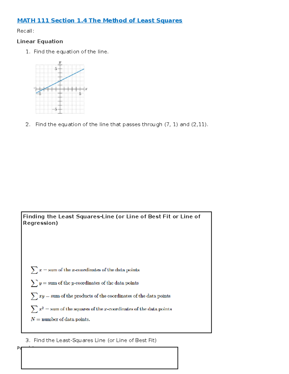 1.4 The Method of Least Squares - MATH 111 Section 1 The Method of ...