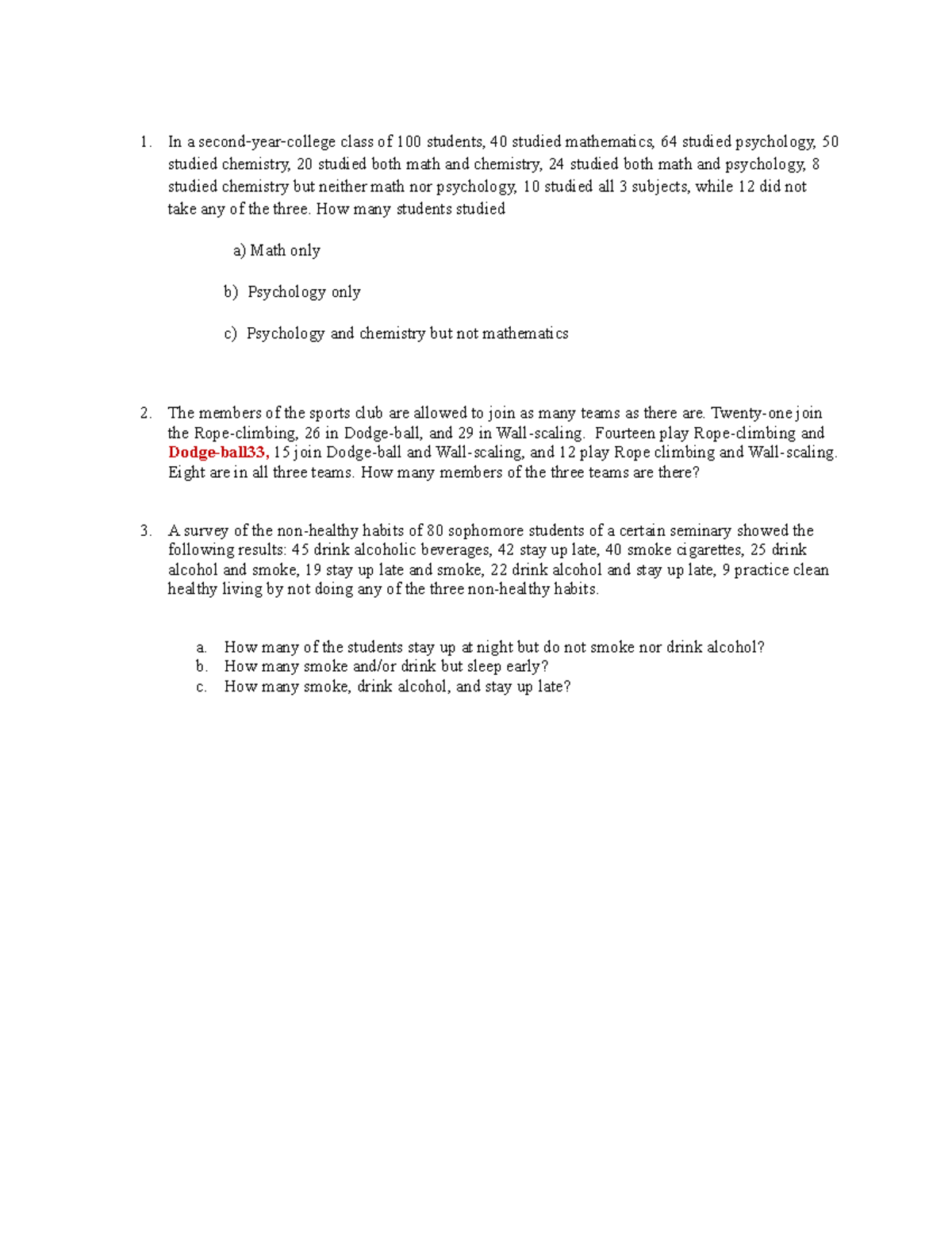 Set example problems - In a second year college class of 100 students ...