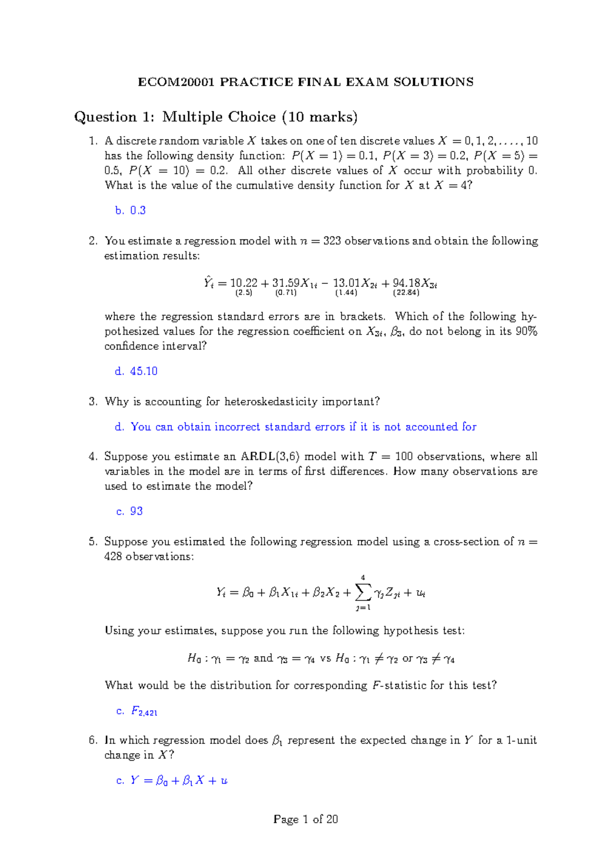 Final 2019, answers - ECOM20001 PRACTICE FINAL EXAM SOLUTIONS Question ...