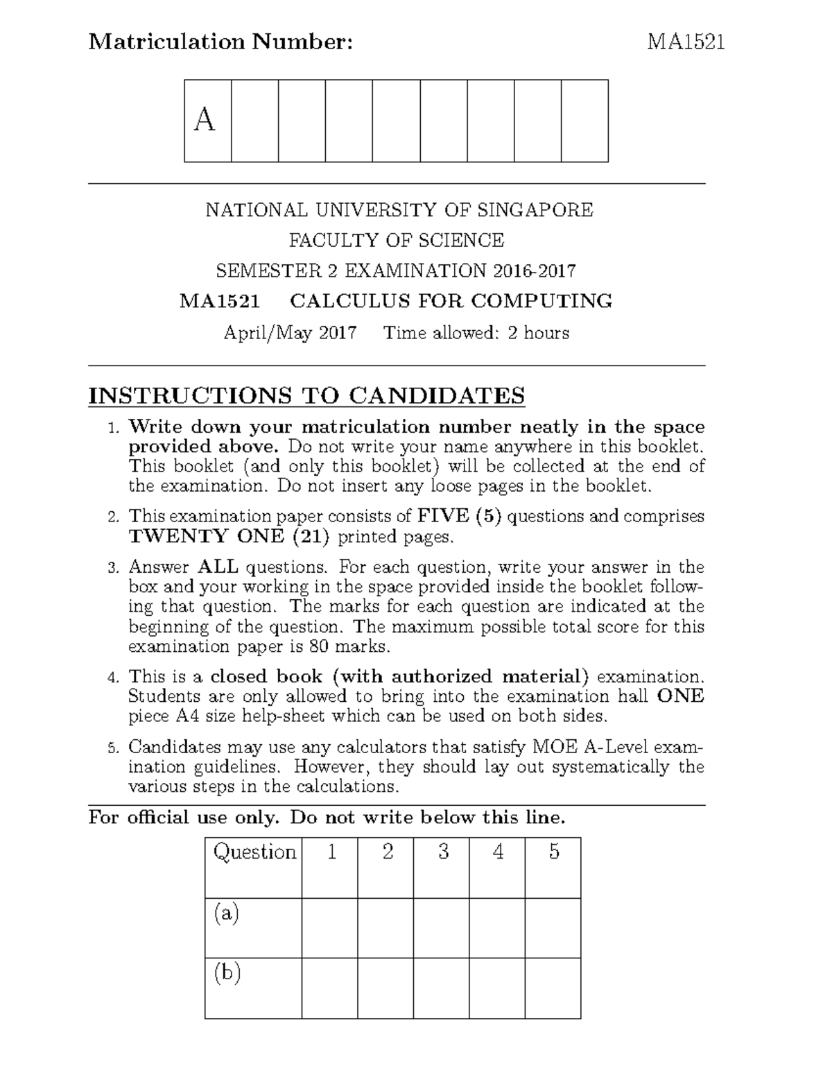 2017 April MA1521 Exam Solutions - Matriculation Number: MA A NATIONAL ...