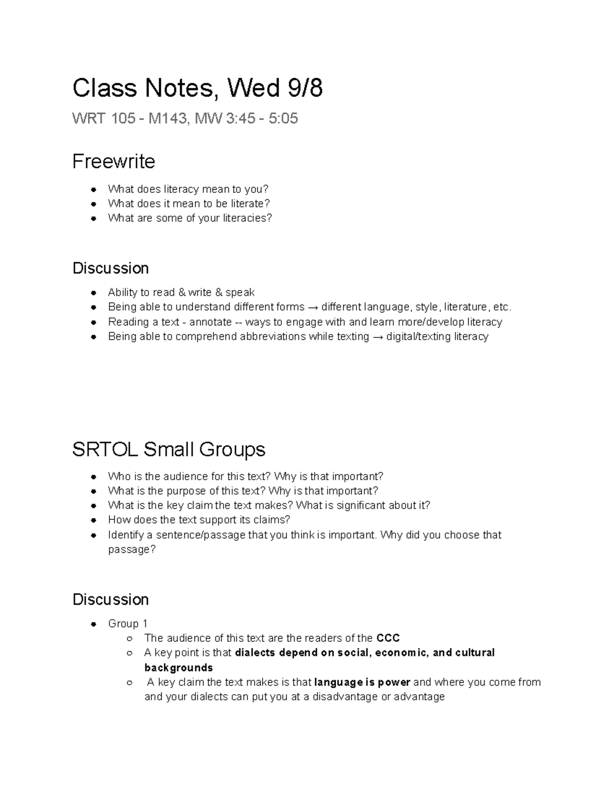 Class Notes, Wed 9 8 - Class Notes, Wed 9/ WRT 105 - M143, MW 3:45 - 5 ...