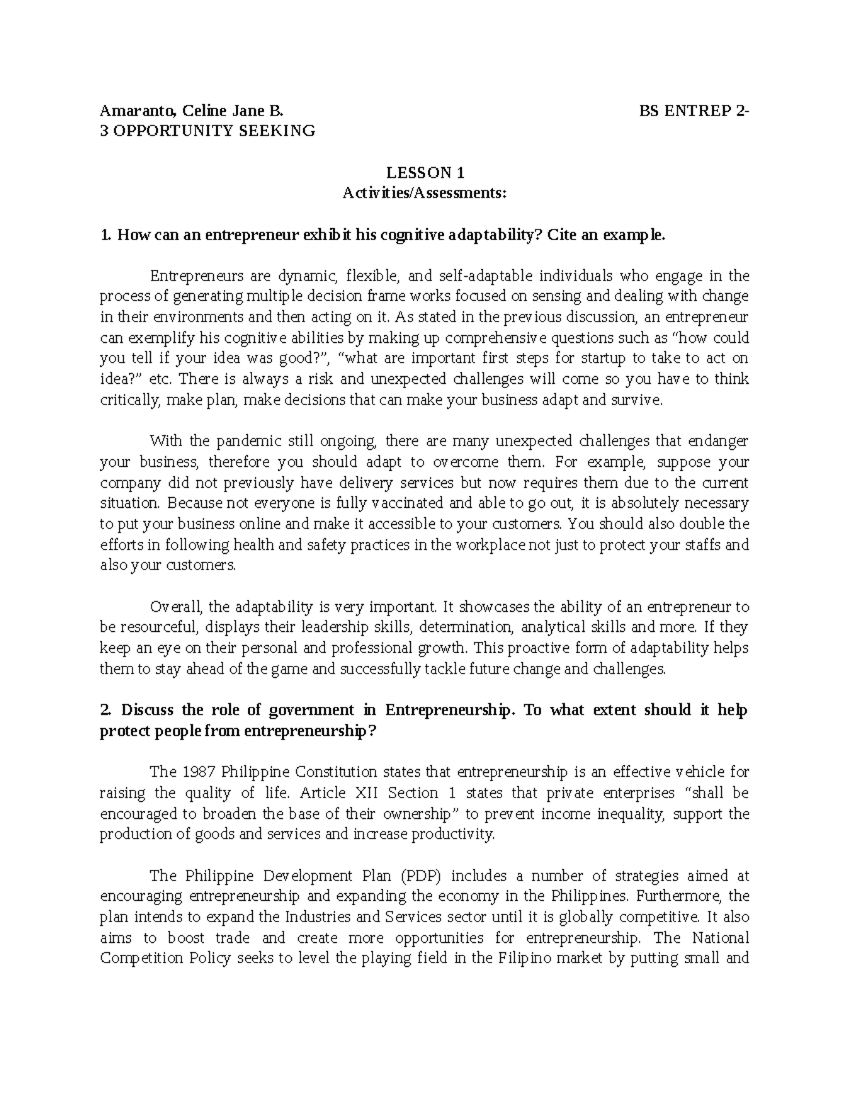 Why opportunity important - Amaranto, Celine Jane B. BS ENTREP 2- 3 ...