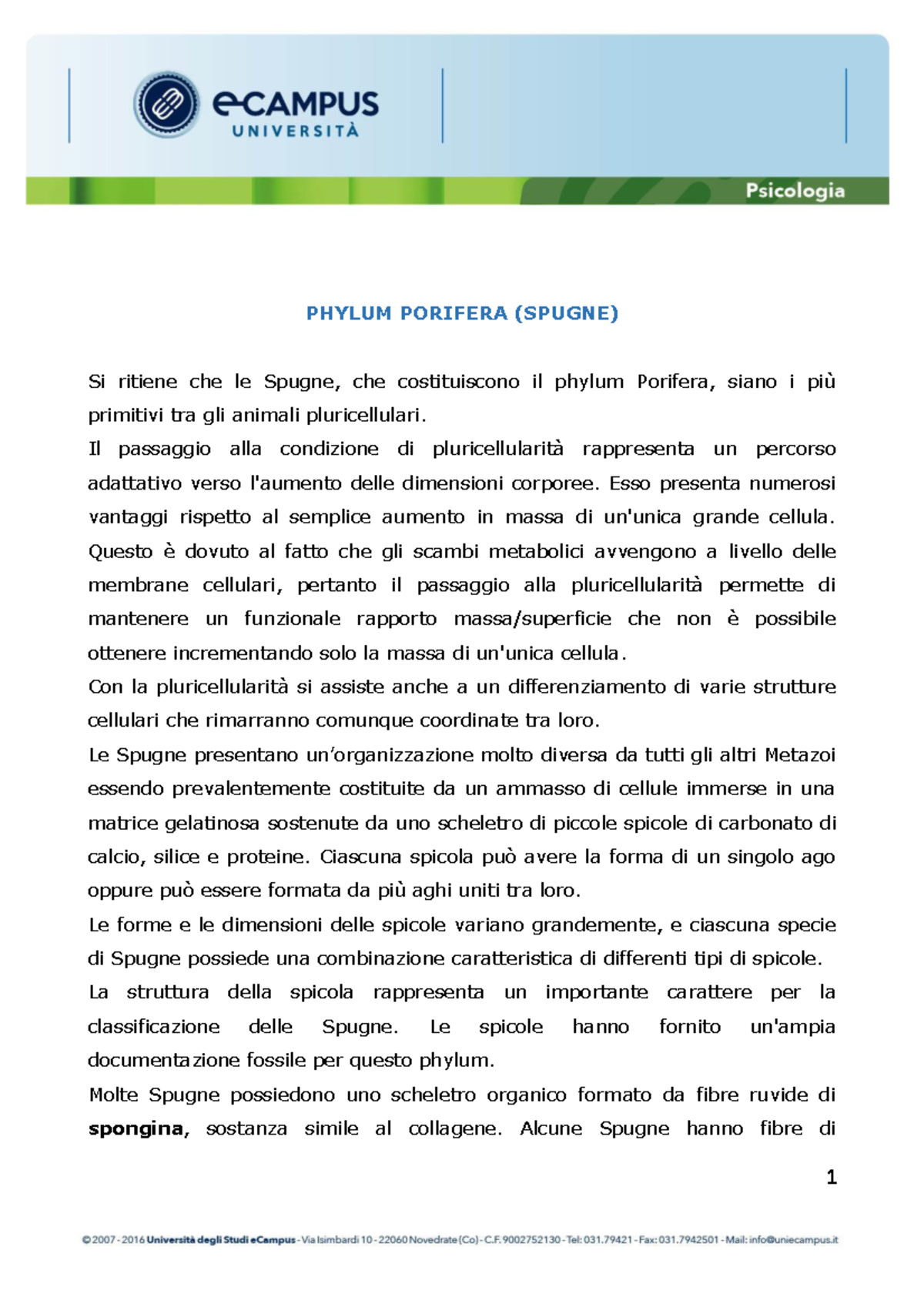 SCBI18 2564a 3221 - Riassunto biologia generale - PHYLUM PORIFERA ...