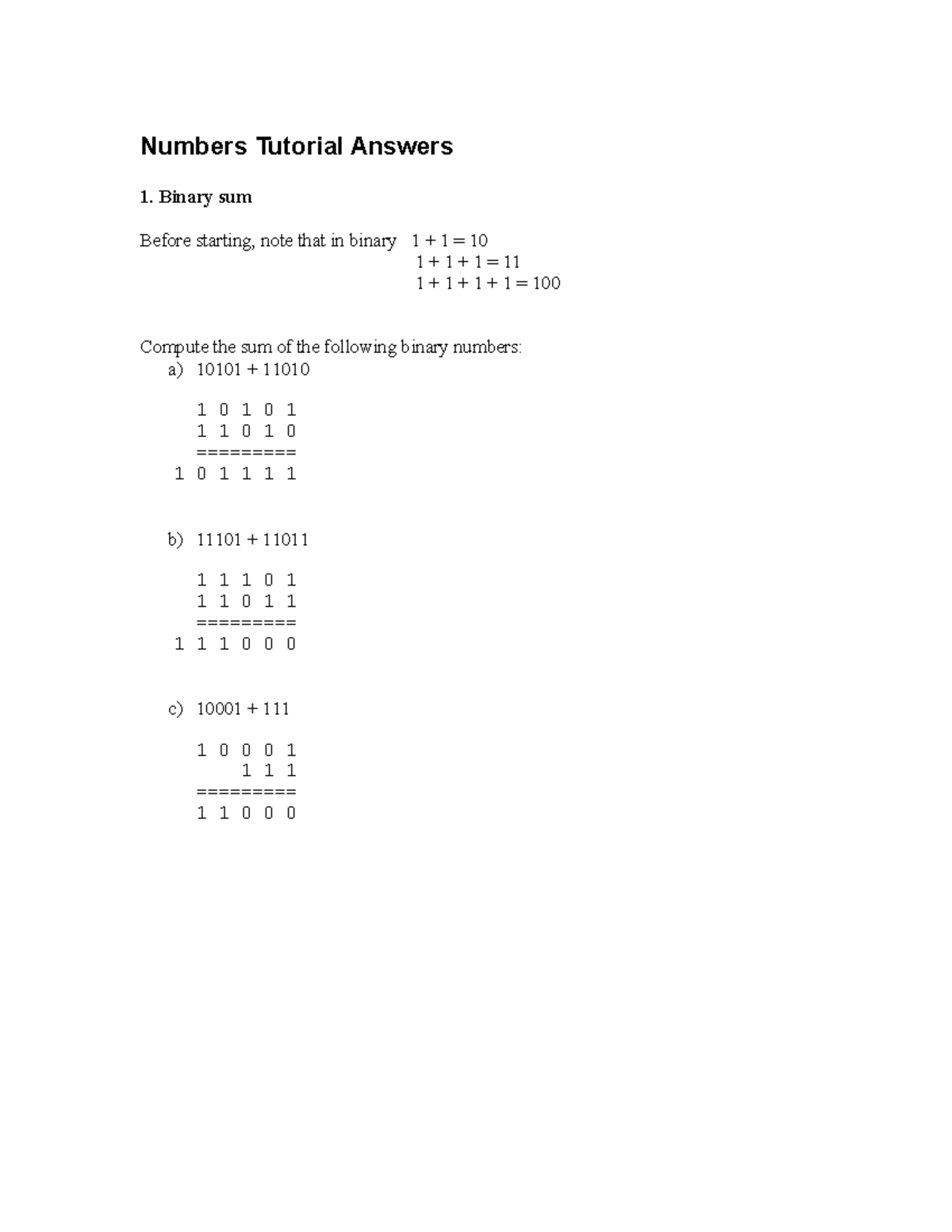 Numbers tut answers - tutorial week 3 ans - Numbers Tutorial Answers Binary sum Before starting ...