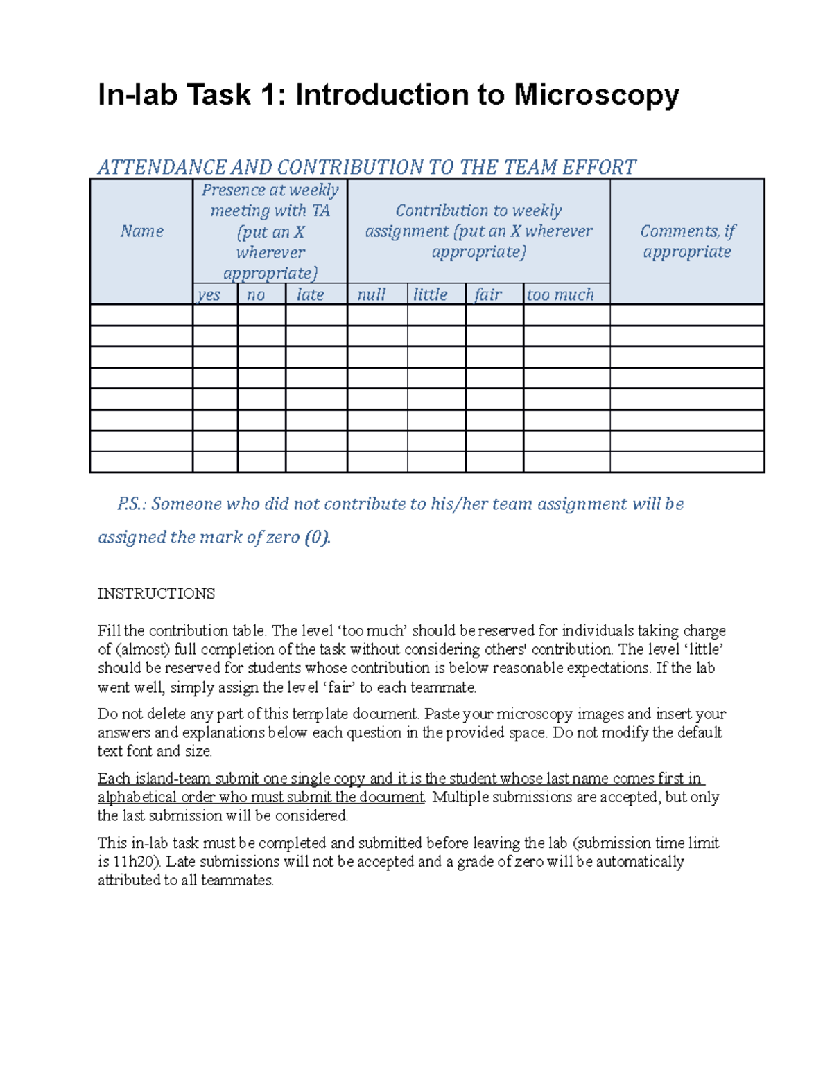 In Lab Task 1 Microscopy In Lab Task 1 Introduction To Microscopy Attendance And Contribution
