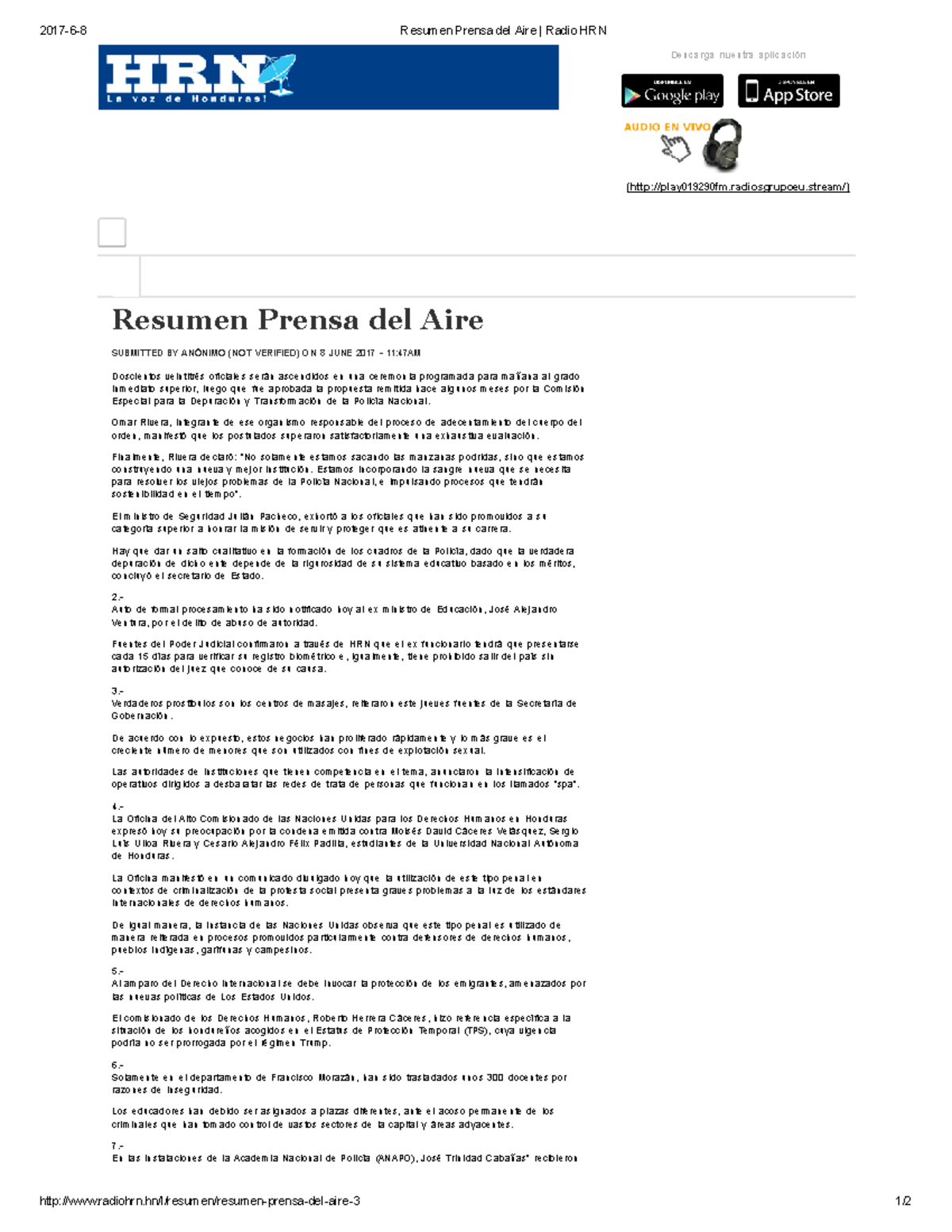 Radio HRN Resumen Prensa del Aire - 2017 6 8 Resumen Prensa del Aire ...