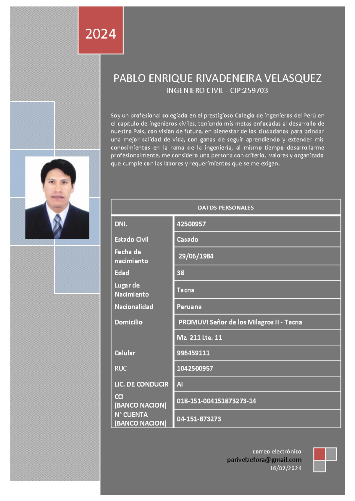 CV Pablo Rivadeneira - DADADW - PABLO ENRIQUE RIVADENEIRA VELASQUEZ INGENIERO CIVIL - CIP: Soy ...