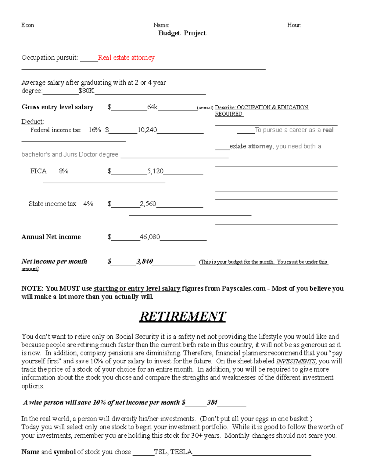 Budget-o-rama Salary Page - Econ Name: Hour: Budget Project Occupation ...