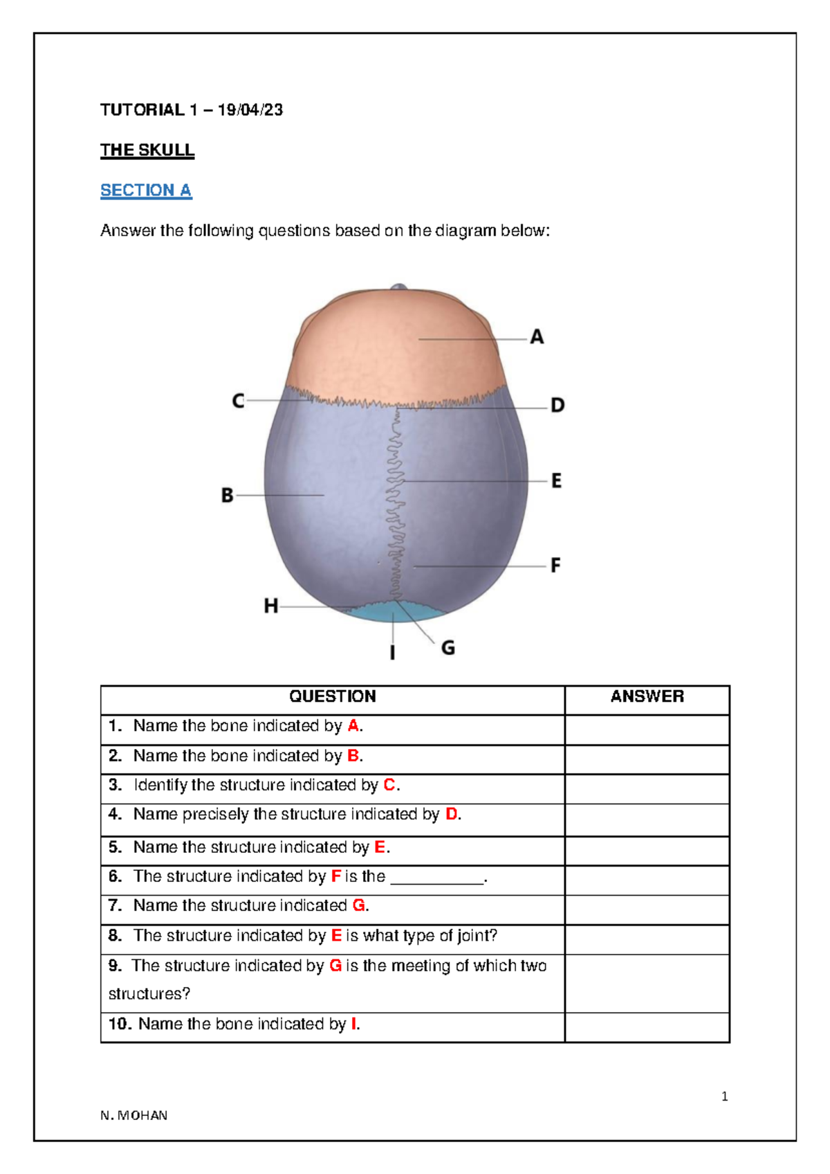 Tutorial 1 - Anat 101 (Questions) NA - 1 TUTORIAL 1 – 19 /0 4 /2 3 THE ...