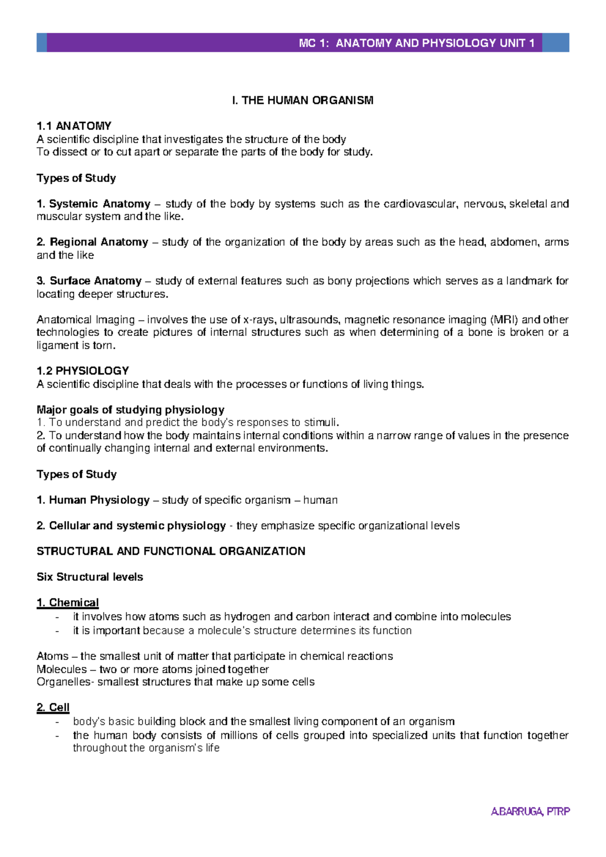 Unit I. The Human Organism - I. THE HUMAN ORGANISM 1 ANATOMY A ...