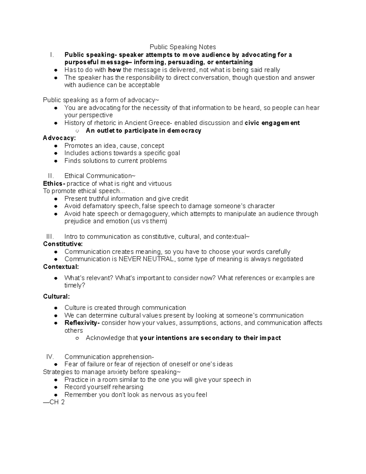 SPC Notes - Public Speaking Notes I. Public speaking- speaker attempts ...