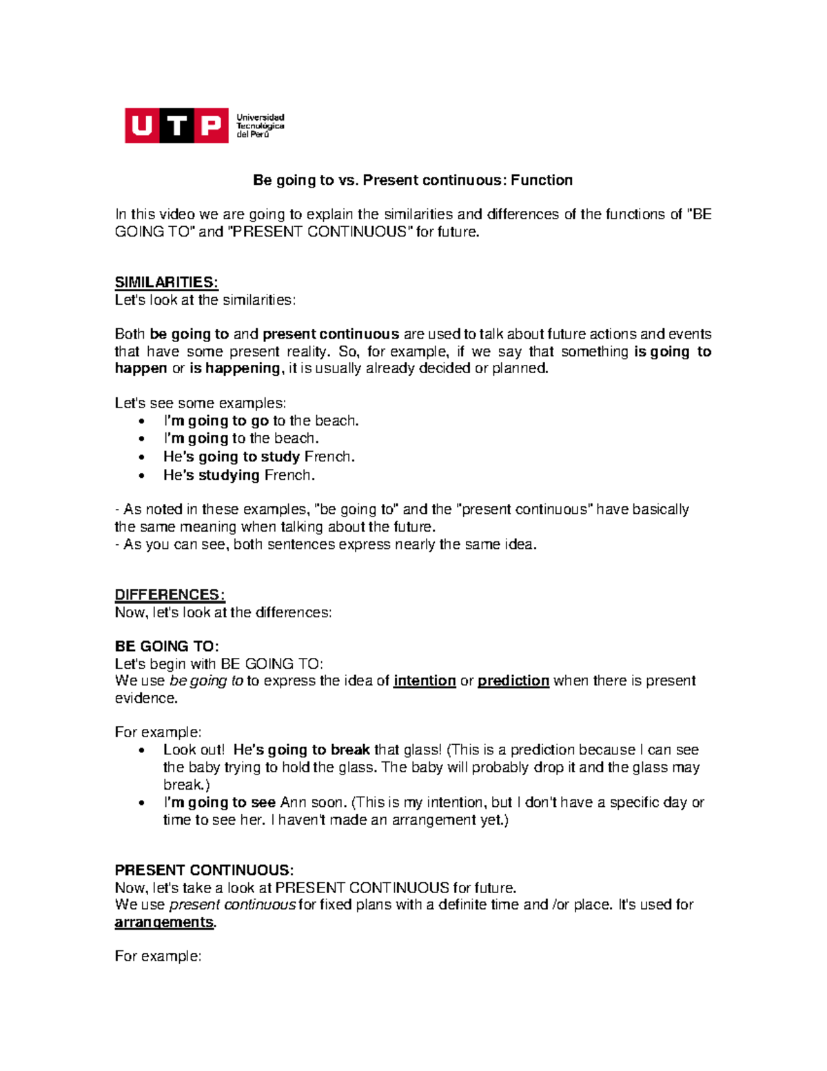 Week 11 - Script - Be going to vs. Present continuous - Function - Be ...