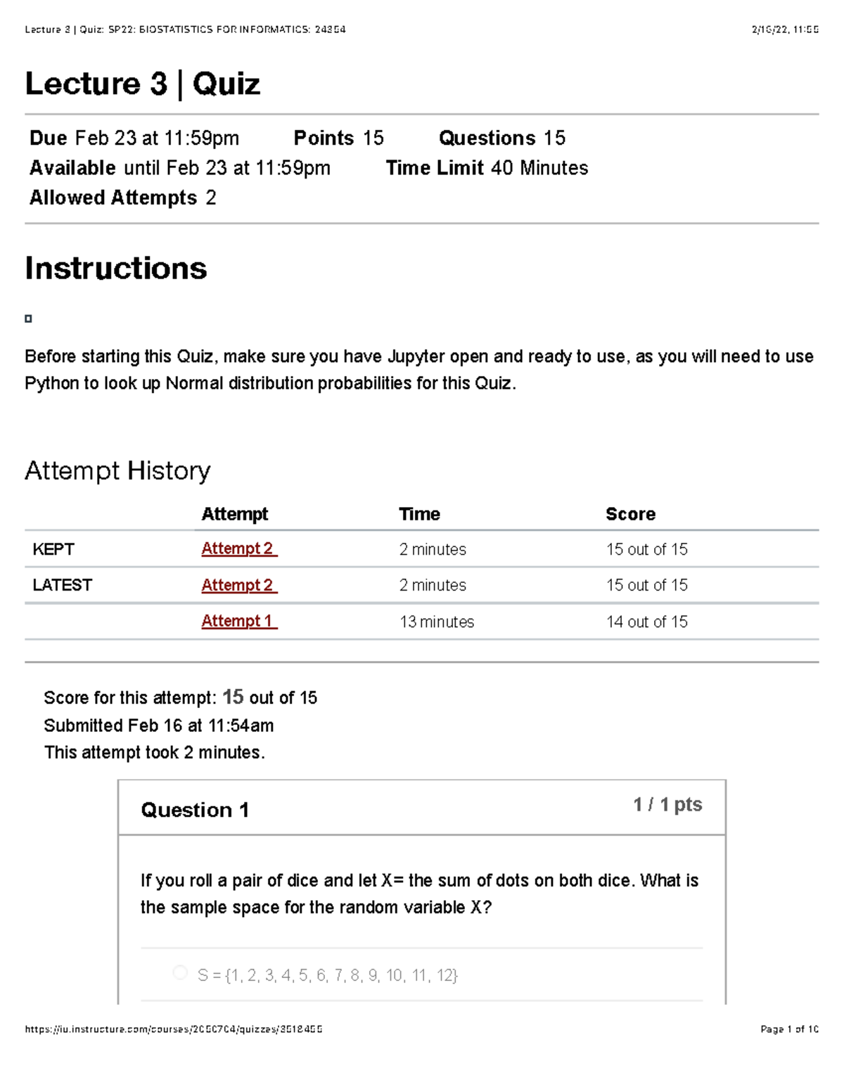 Lecture 3 Quiz: SP22: Biostatistics FOR Informatics: 24354 - Lecture 3 | Quiz Due Feb 23 at 11 ...