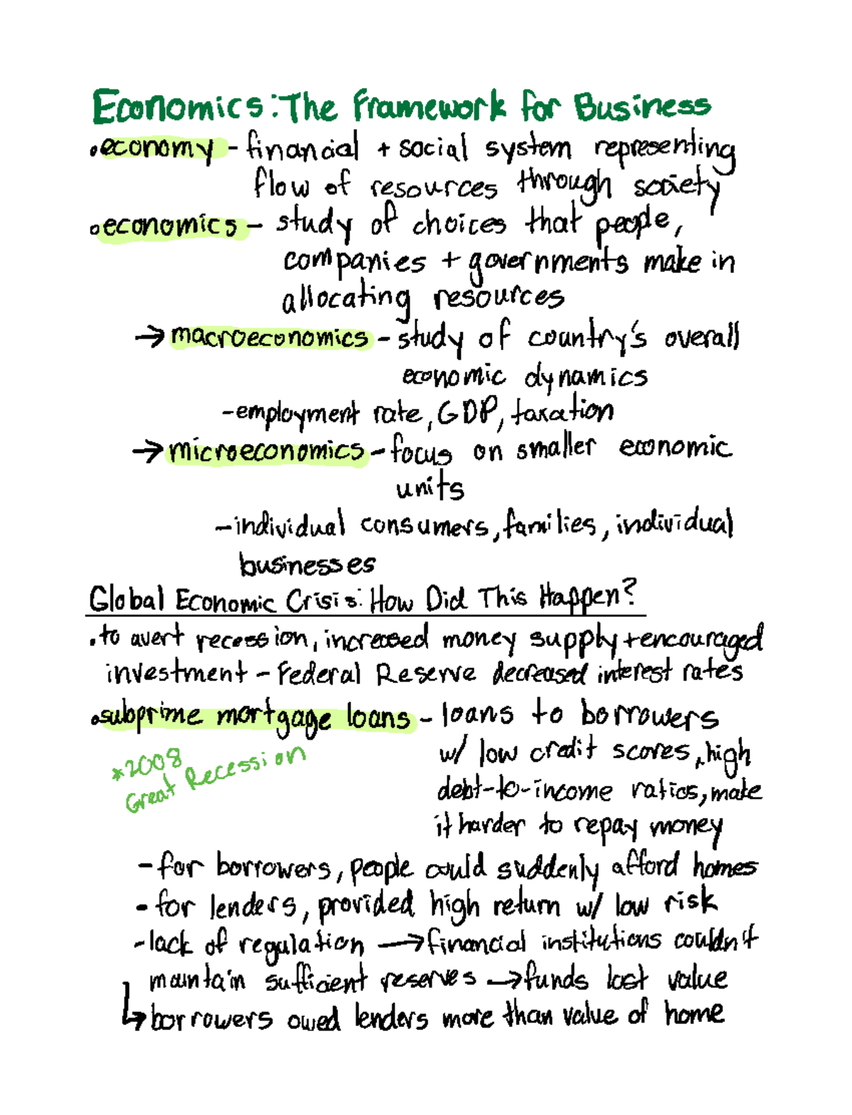 Chapter 2 notes - Economics The framework for Business o ...