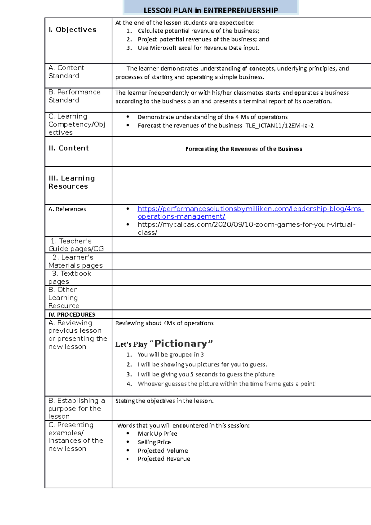 Lesson plan for co - I. Objectives At the end of the lesson students ...
