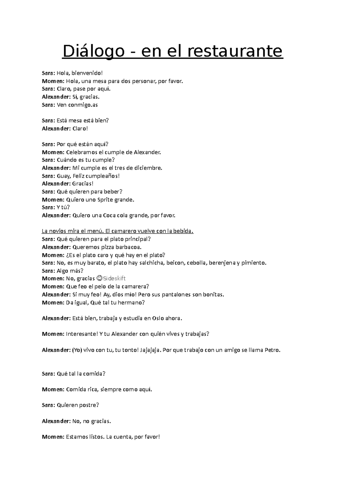 Spansk Dialog - ok jerhngpkejgjkehøoejrglkjegr - Diálogo - en el ...