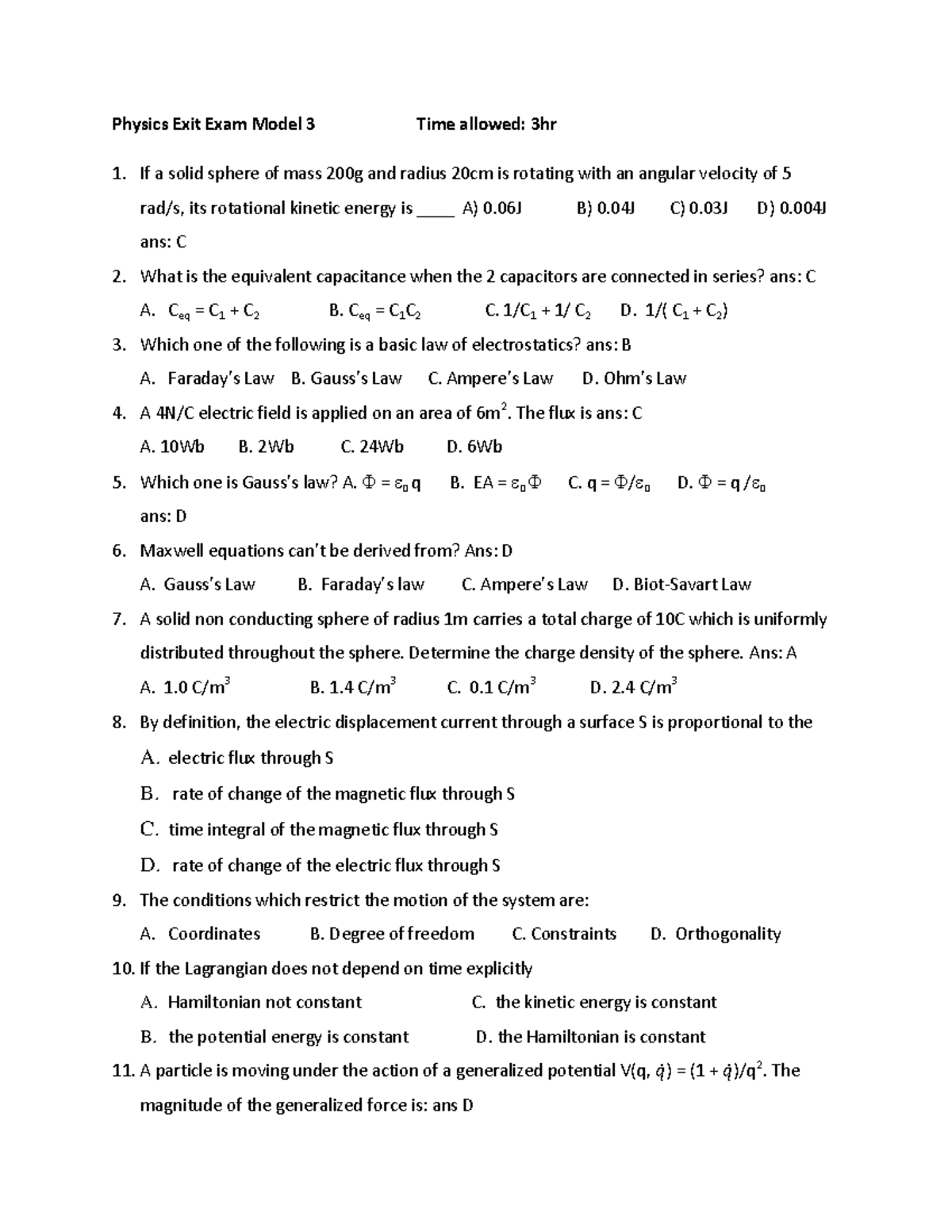 Physics Exit Exam Model 3 Time allowed - Physics Exit Exam Model 3 Time ...