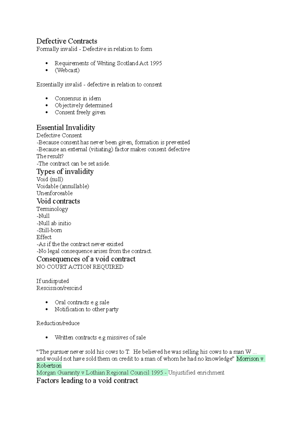 Defective Contracts - Notes - Defective Contracts Formally invalid ...
