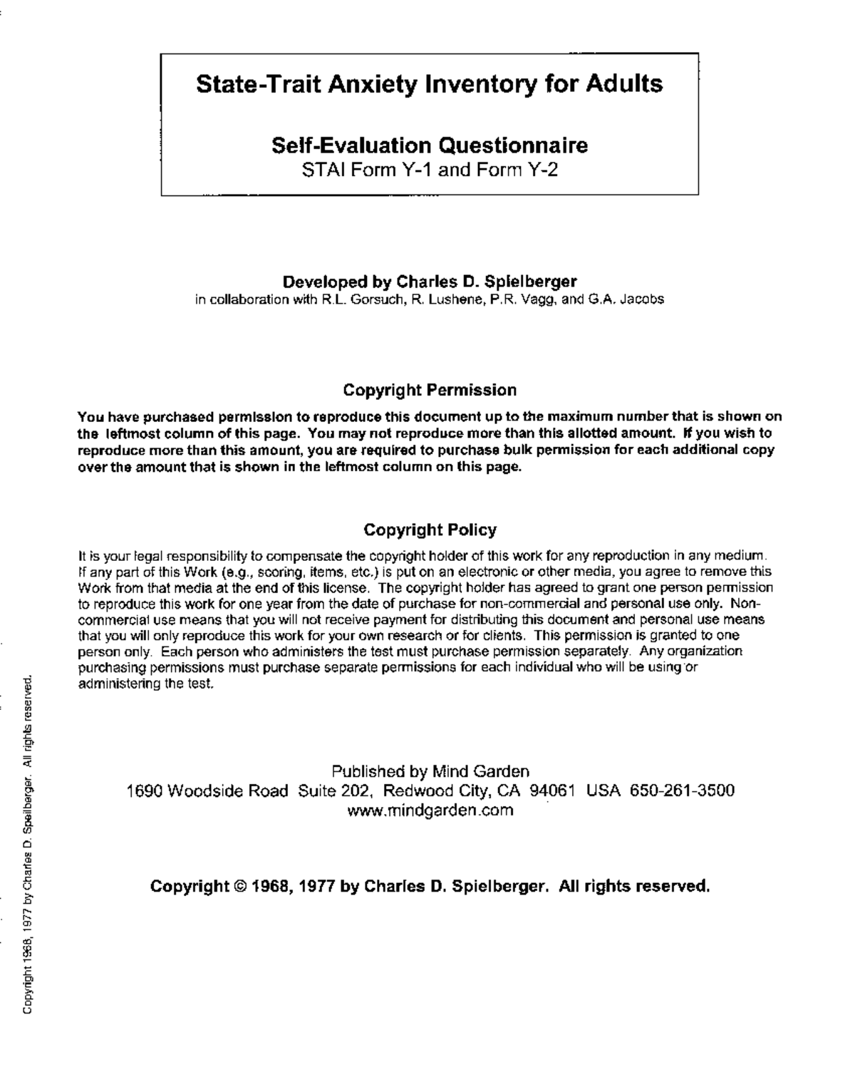 State Trait Anxiety Inventory - Clinical Psychology - Studocu