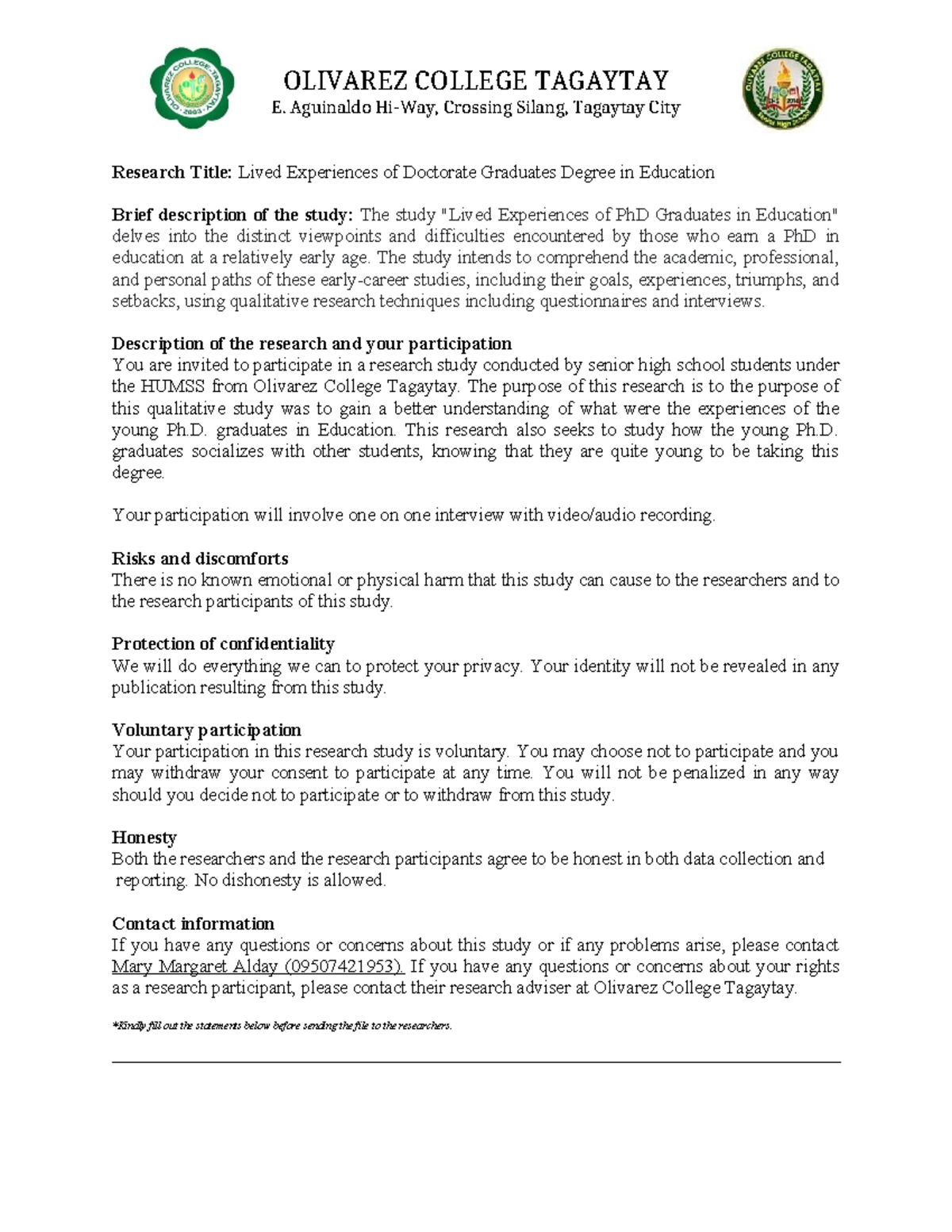 Sample Informed Consent Final - OLIVAREZ COLLEGE TAGAYTAY E. Aguinaldo ...