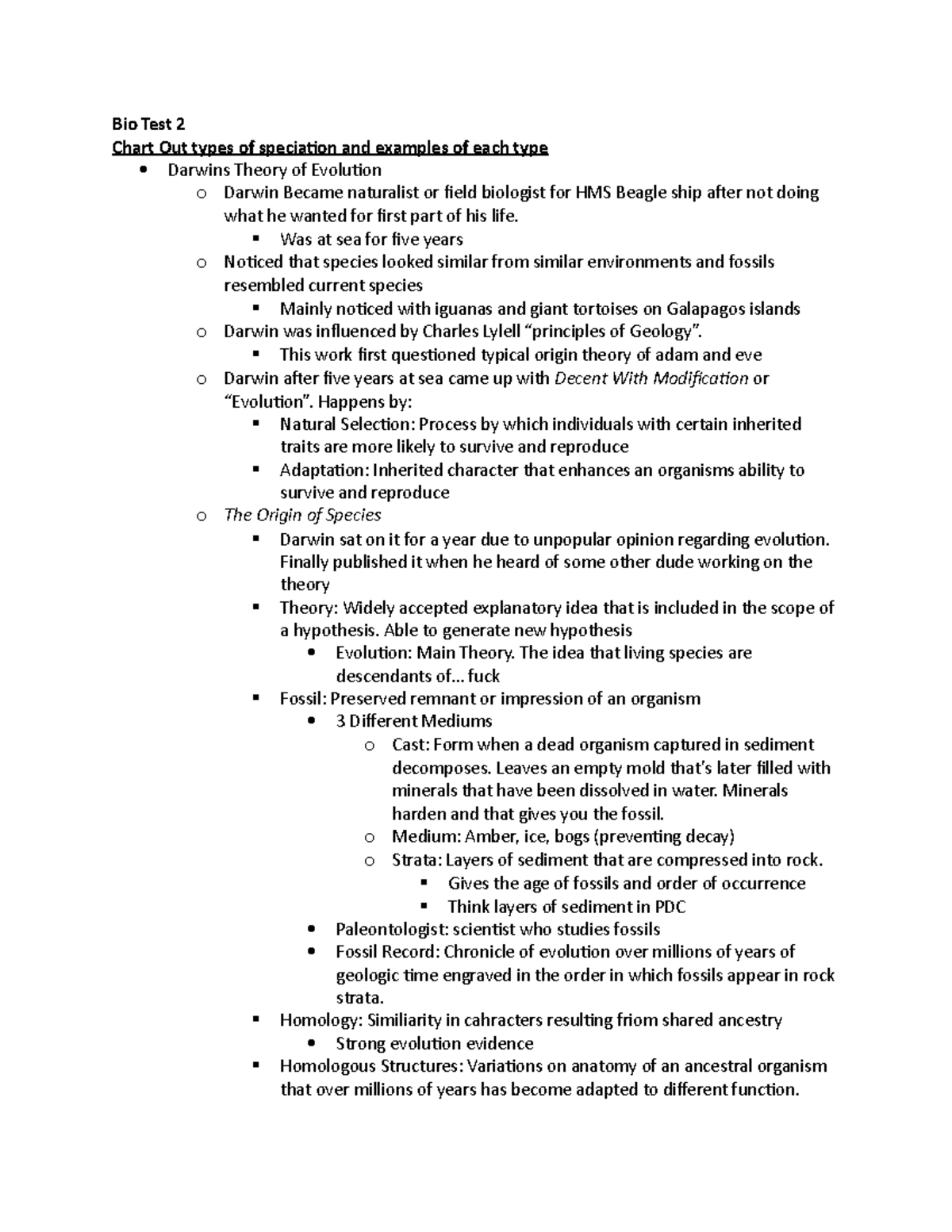 Bio Test 2 - uhih - Bio Test 2 Chart Out types of speciation and ...