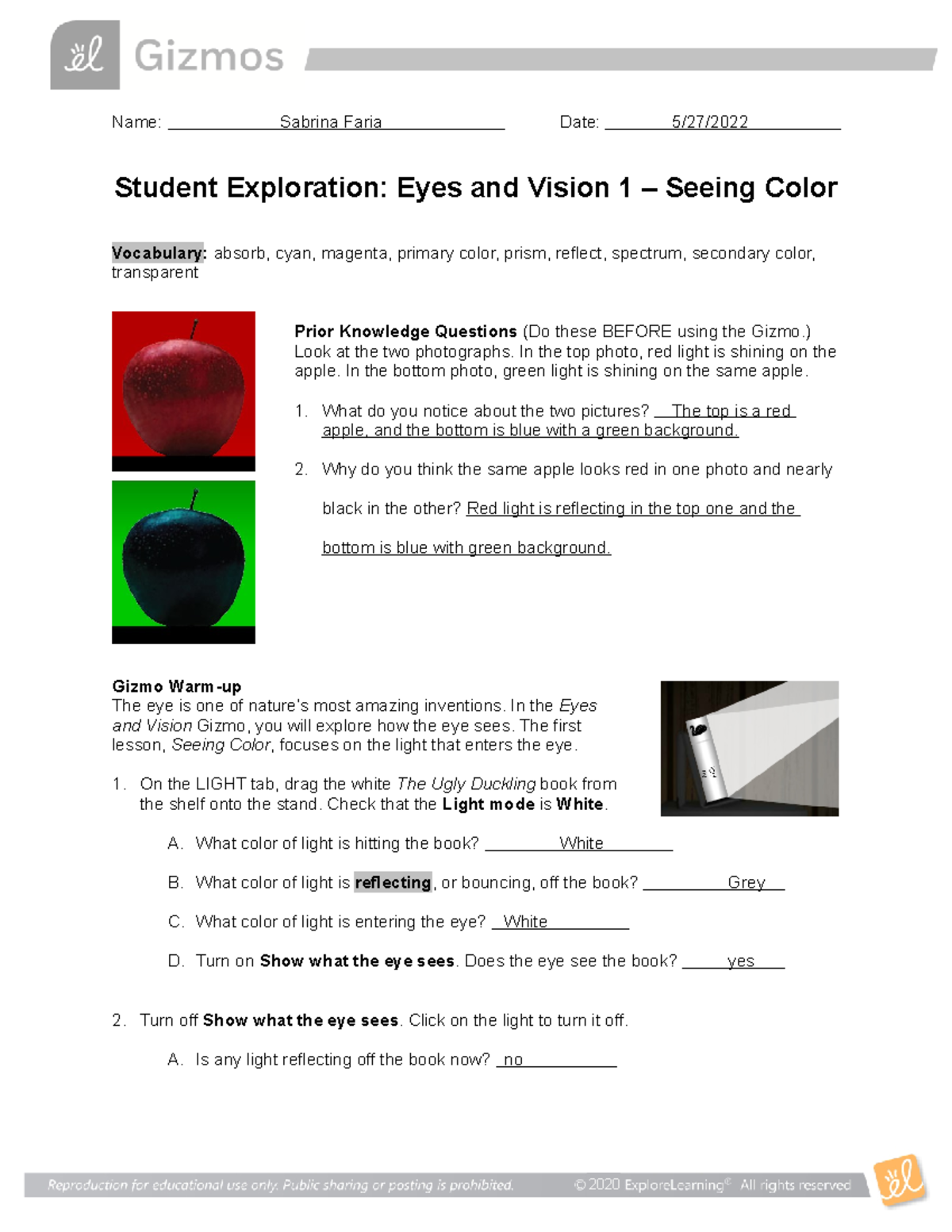 Seeing Color SE - Worksheet biology 1 - Name: Sabrina Faria Date: 5/27 ...