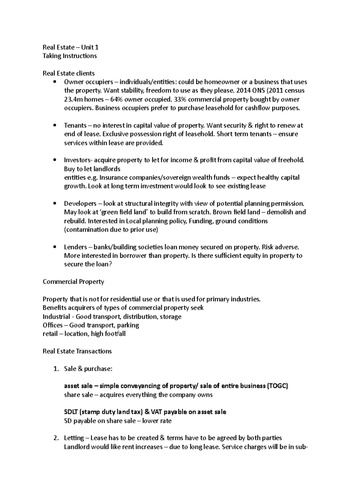 Real Estate Unit 1 Lecture Notes - Real Estate – Unit 1 Taking ...