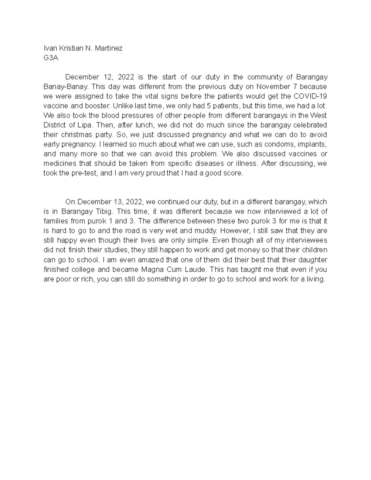 CHN Duty Diary Journal - Ivan Kristian N. Martinez G3A December 12 ...