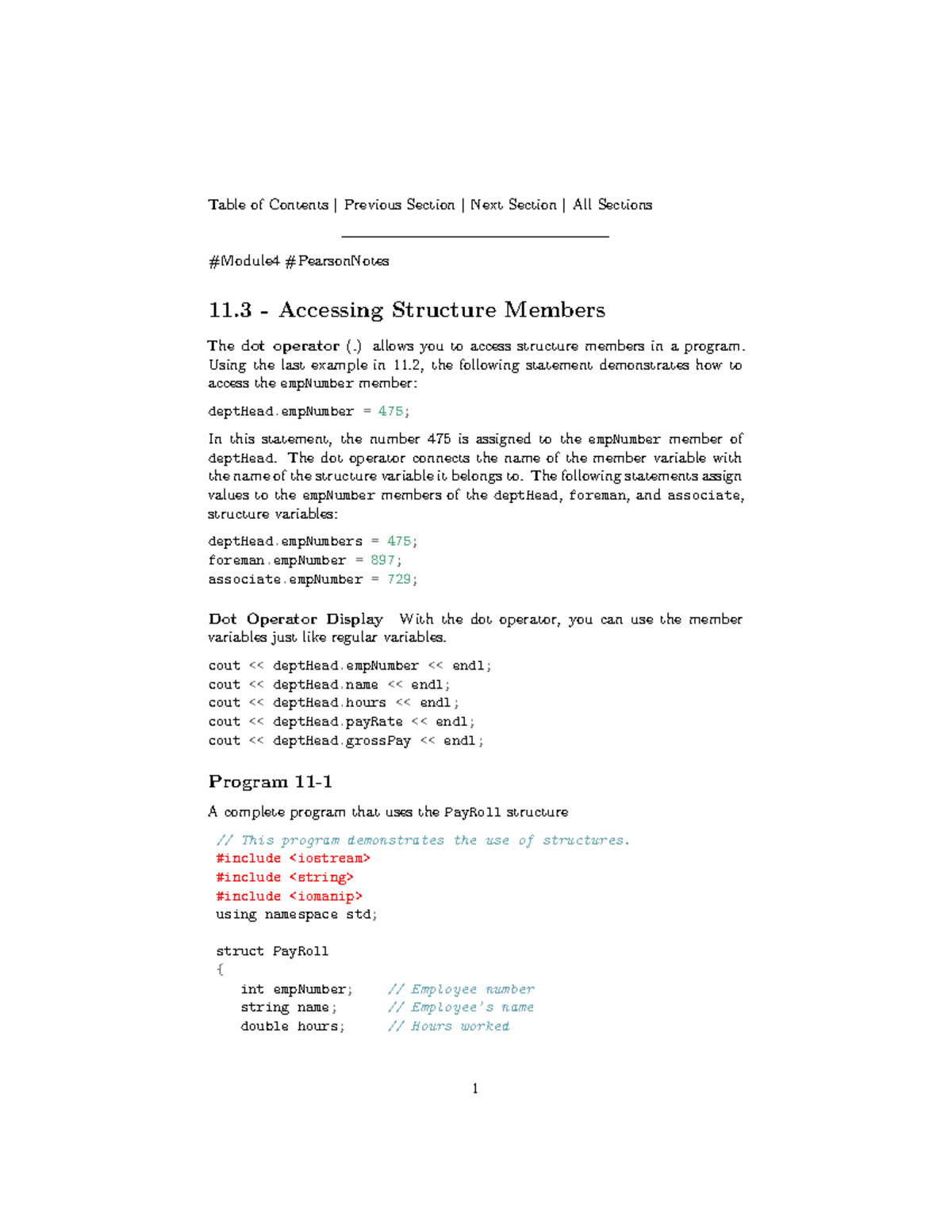 11.3 - Accessing Structure Members - Table of Contents | Previous ...