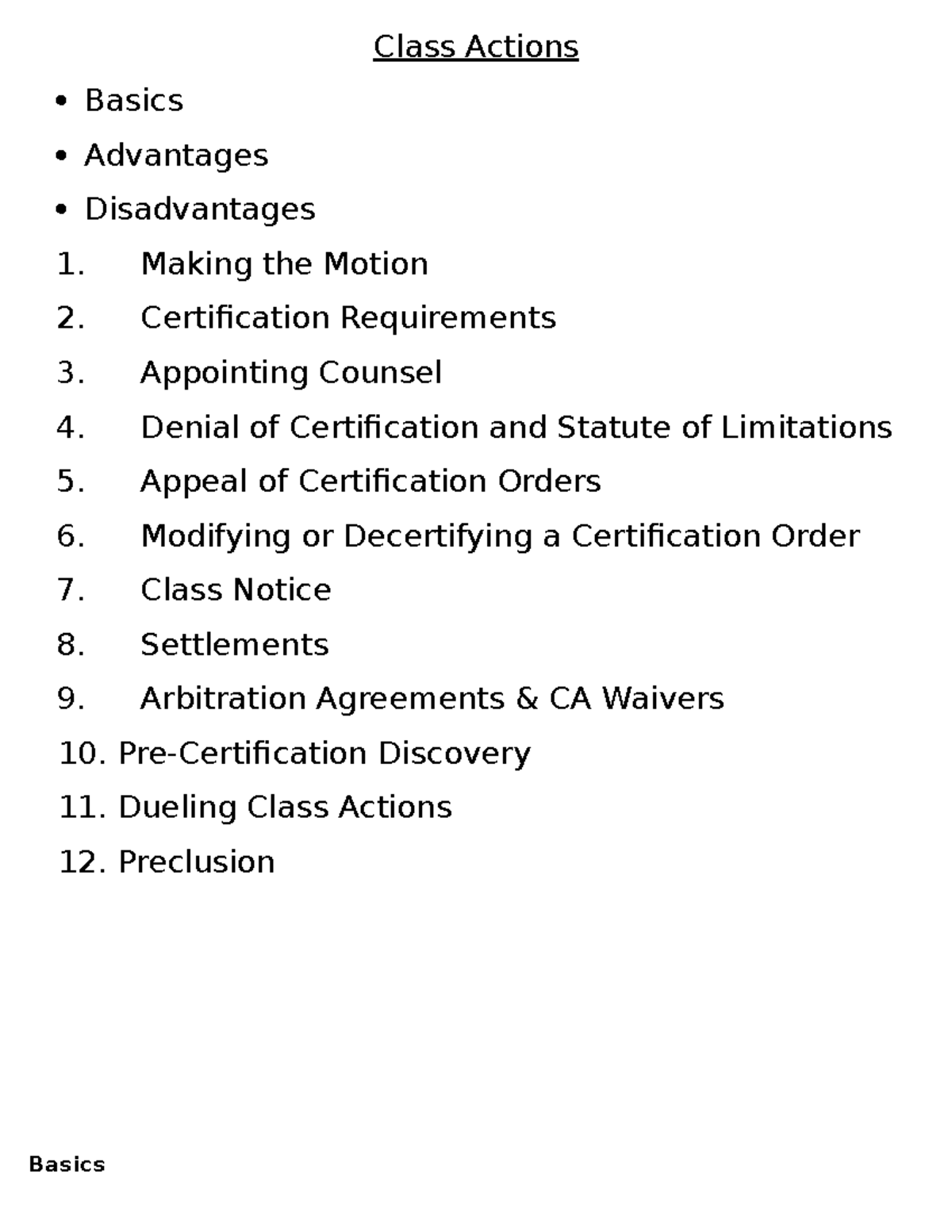 Class Action Outline - Class Actions Basics Advantages Disadvantages 1 ...