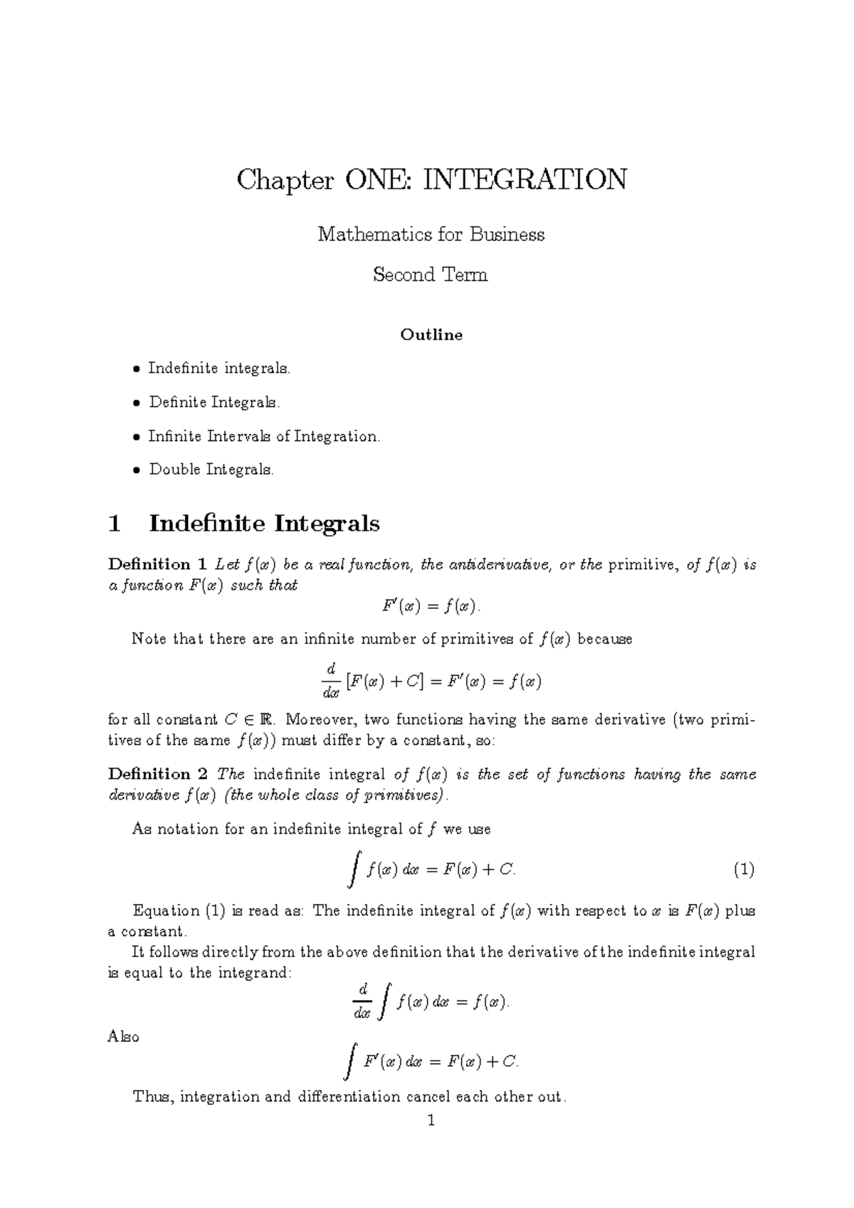 Chapter One - Math - Chapter ONE: INTEGRATION Mathematics for Business ...