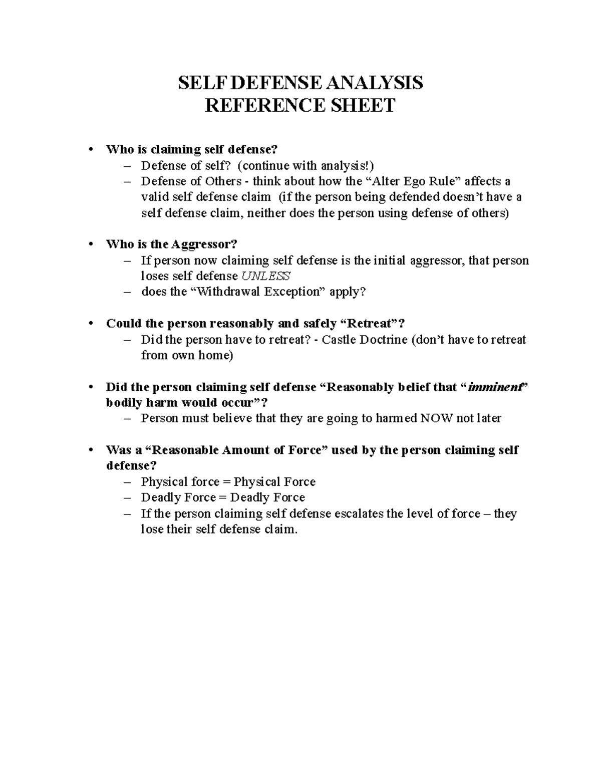 Self Defense Reference Sheet - SELF DEFENSE ANALYSIS REFERENCE SHEET ...