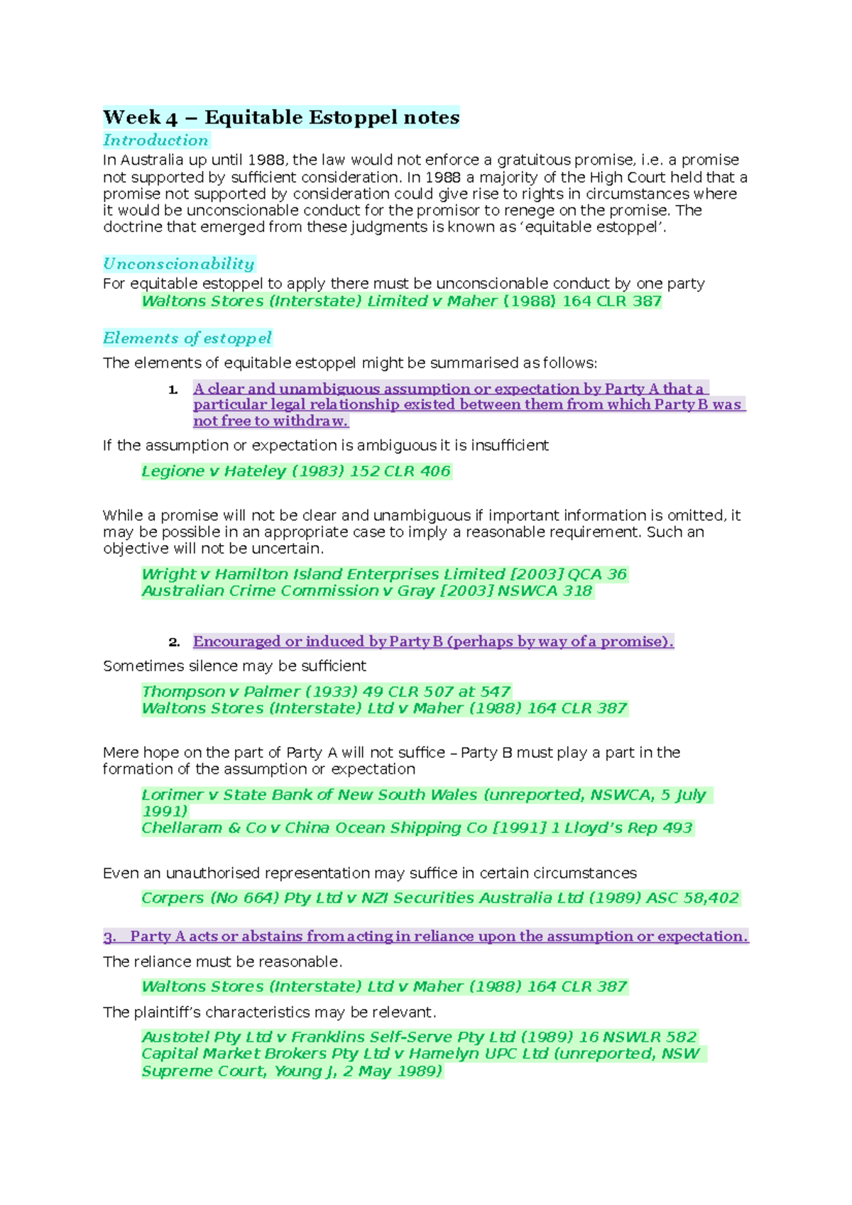 Week 4 Equitable Estoppel - Week 4 – Equitable Estoppel notes ...