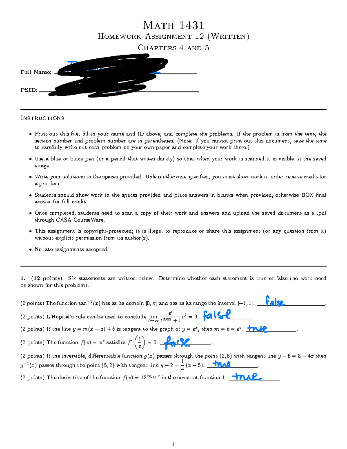 Homework 12 - Classwork assignment, good for exams - Math 1431 Homework Assignment 12 (Written ...