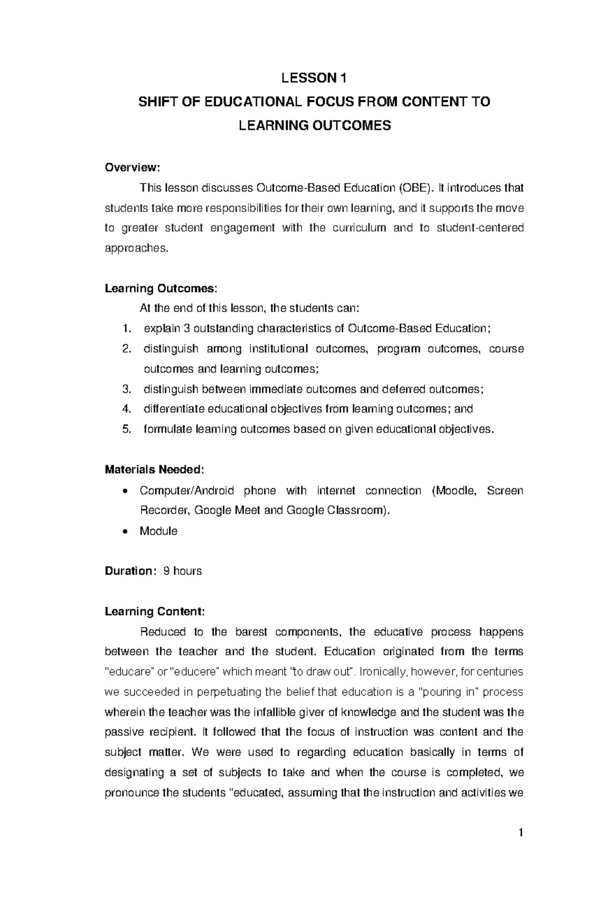 Lesson 1 Shift of Educational Focus From Content to Learning Outcomes ...