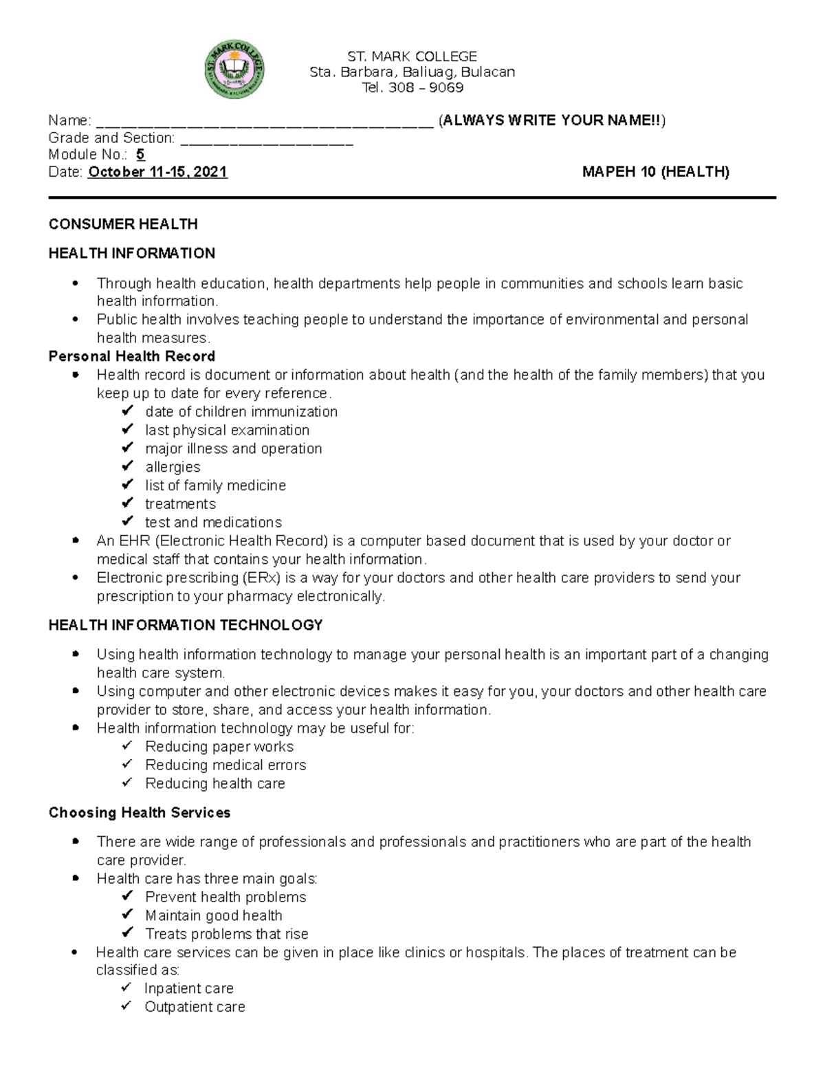 Module 5 Mapeh 10 - ST. MARK COLLEGE Sta. Barbara, Baliuag, Bulacan Tel ...