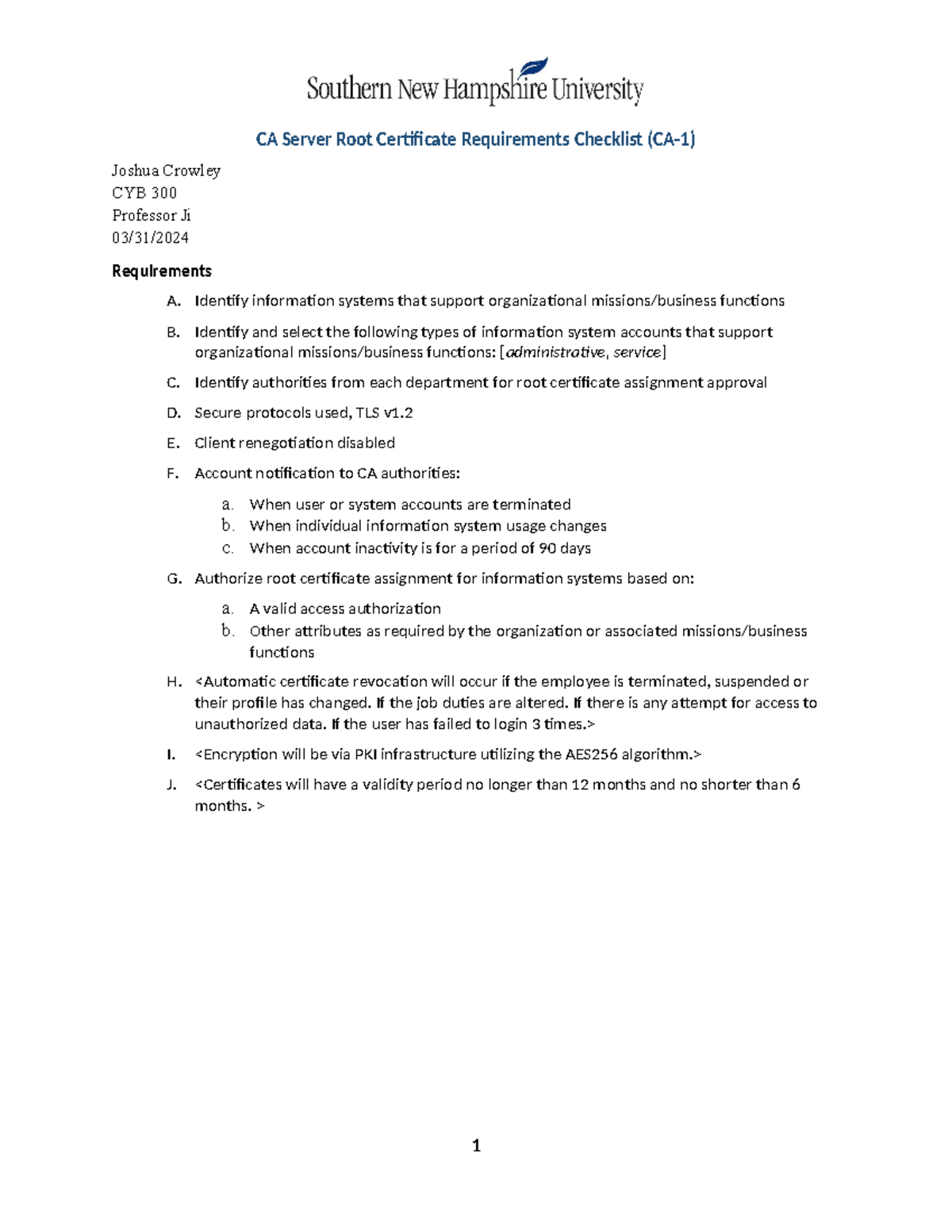 CYB 300 Milestone Two Checklist Joshua Crowley - CA Server Root ...