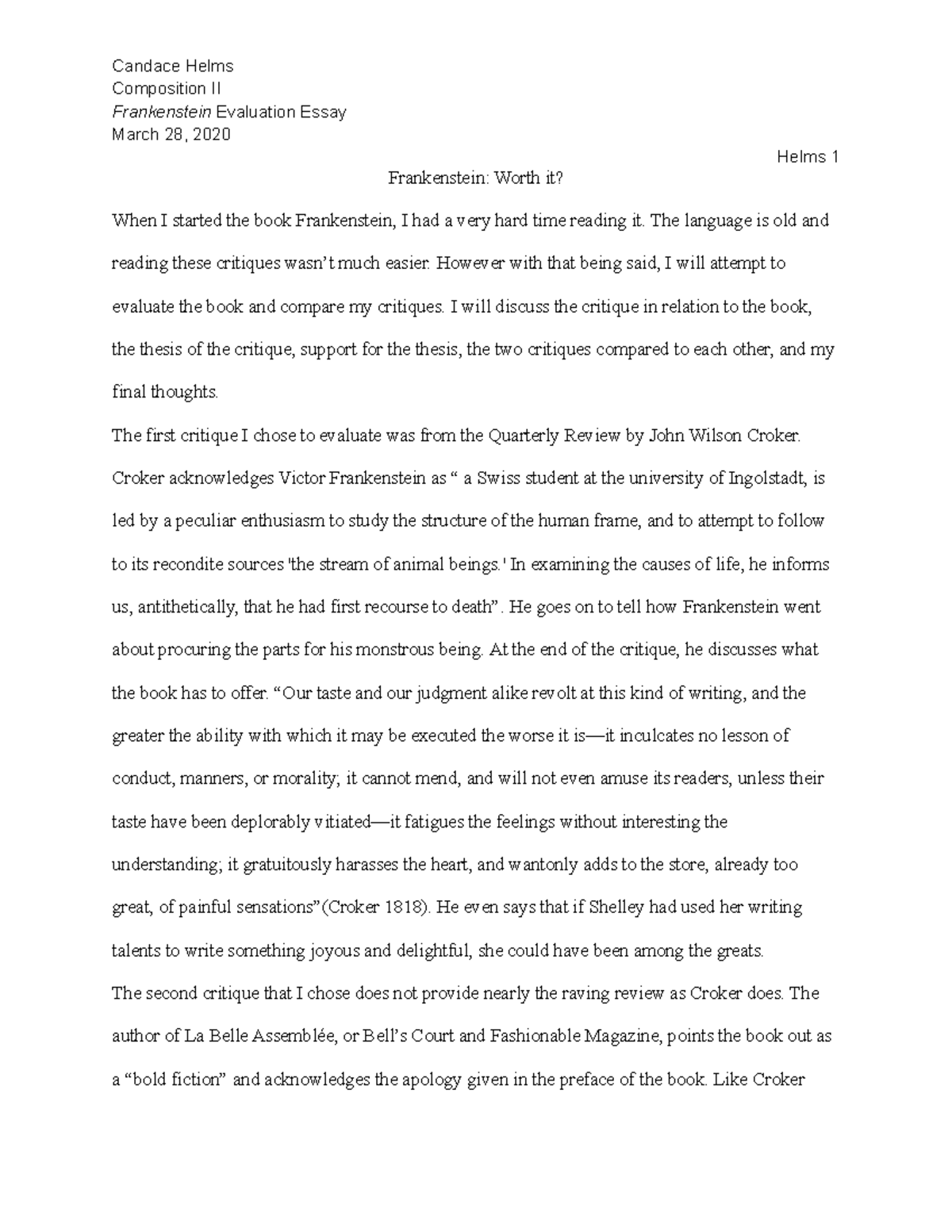 Frankenstein Evaluation Essay - Candace Helms Composition II ...
