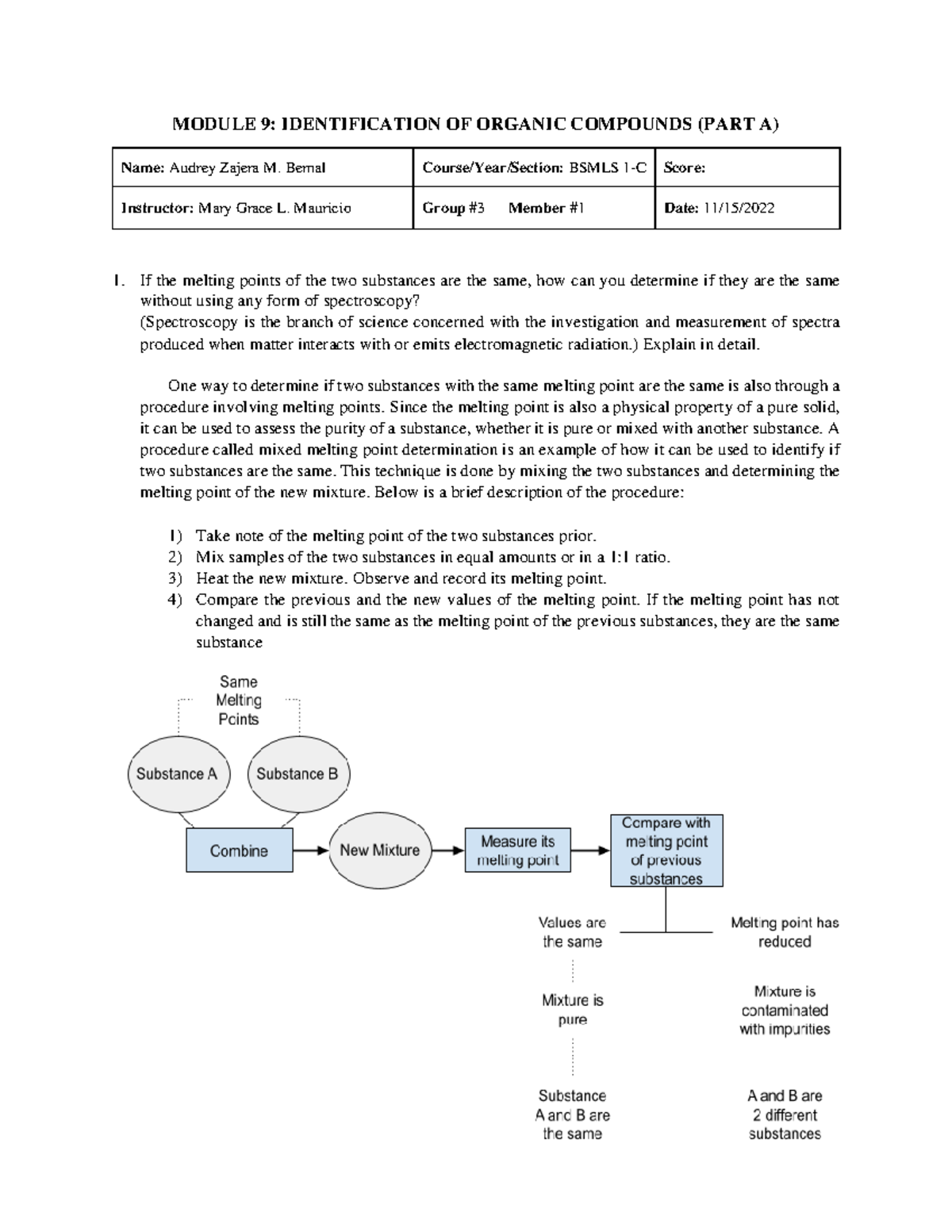 Module 9 LAB Report TEAM 3 1 C - MODULE 9: IDENTIFICATION OF ORGANIC COMPOUNDS (PART A) Name ...