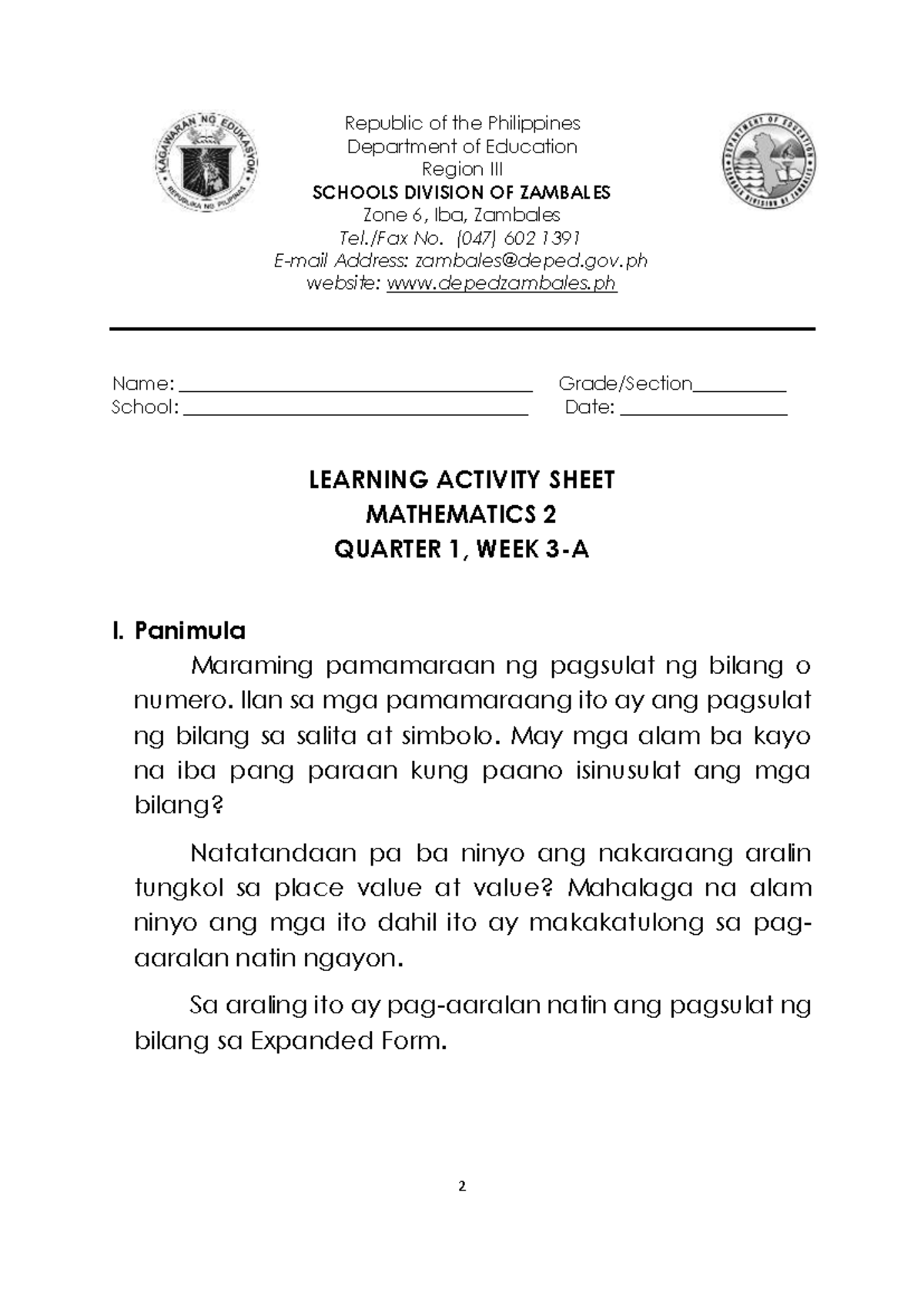 Grade 2 Math W3A-3B-3C LAS - Republic of the Philippines Department of ...