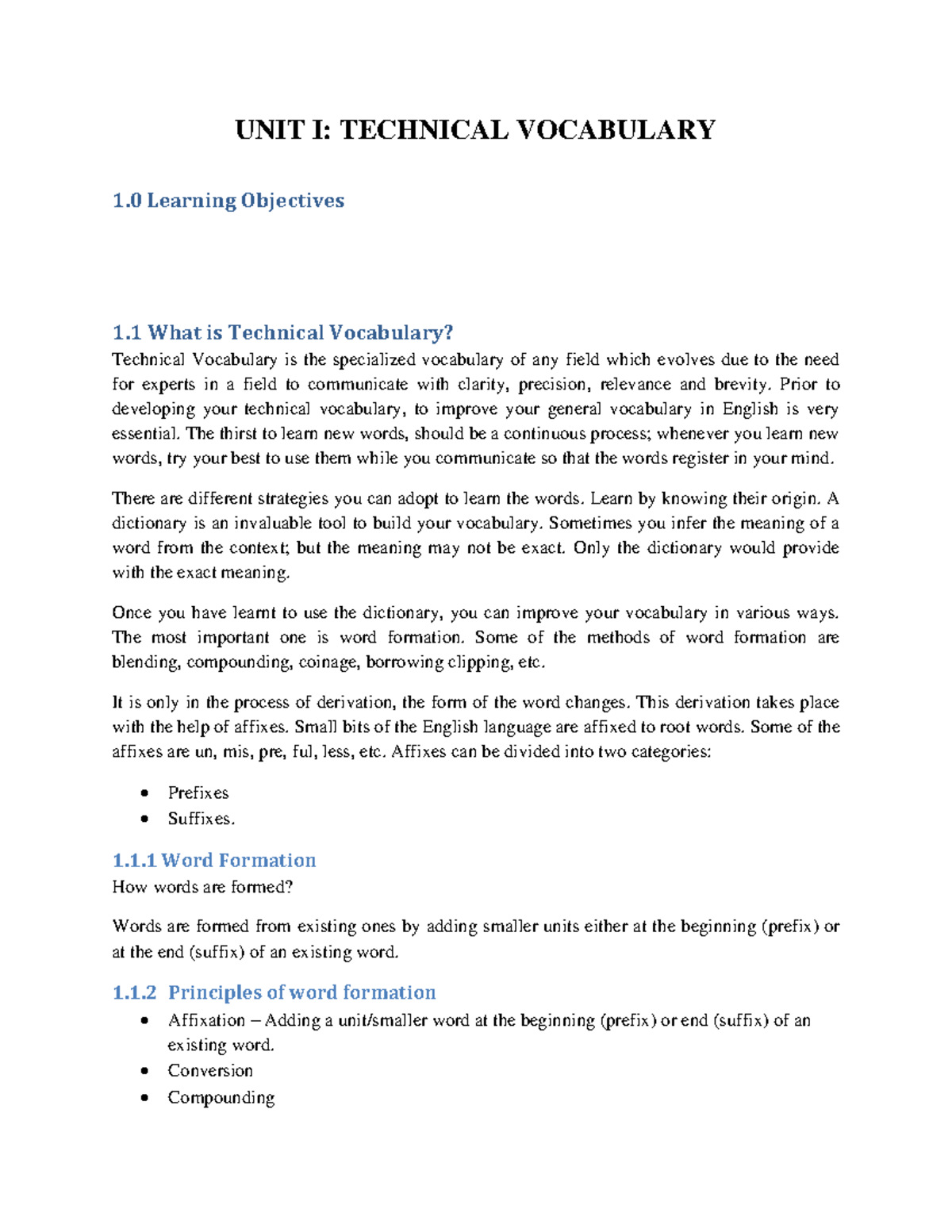 Vacabulary - PR writing - UNIT I: TECHNICAL VOCABULARY 1 Learning ...