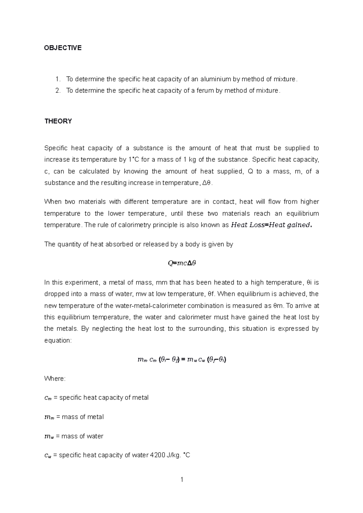 PHY210 Method OF Mixtures Specific HEAT Capacity - OBJECTIVE To ...