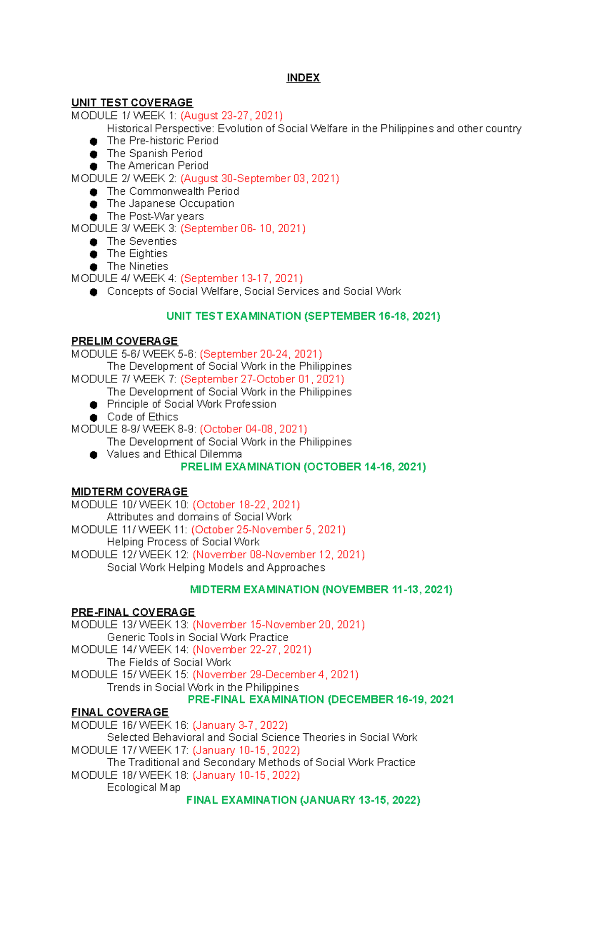 SW 1 Module 1 - ADVANCE - INDEX UNIT TEST COVERAGE MODULE 1/ WEEK 1 ...