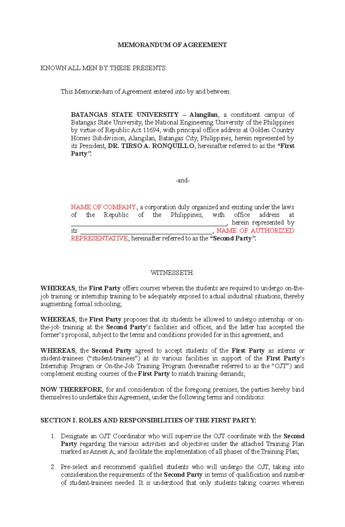 MOA OJT Face to Face 2 - Moa ojt - MEMORANDUM OF AGREEMENT KNOWN ALL ...