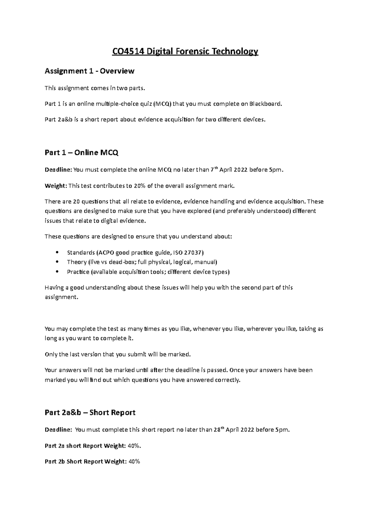 computer science Assignment - CO4514 Digital Forensic Technology ...