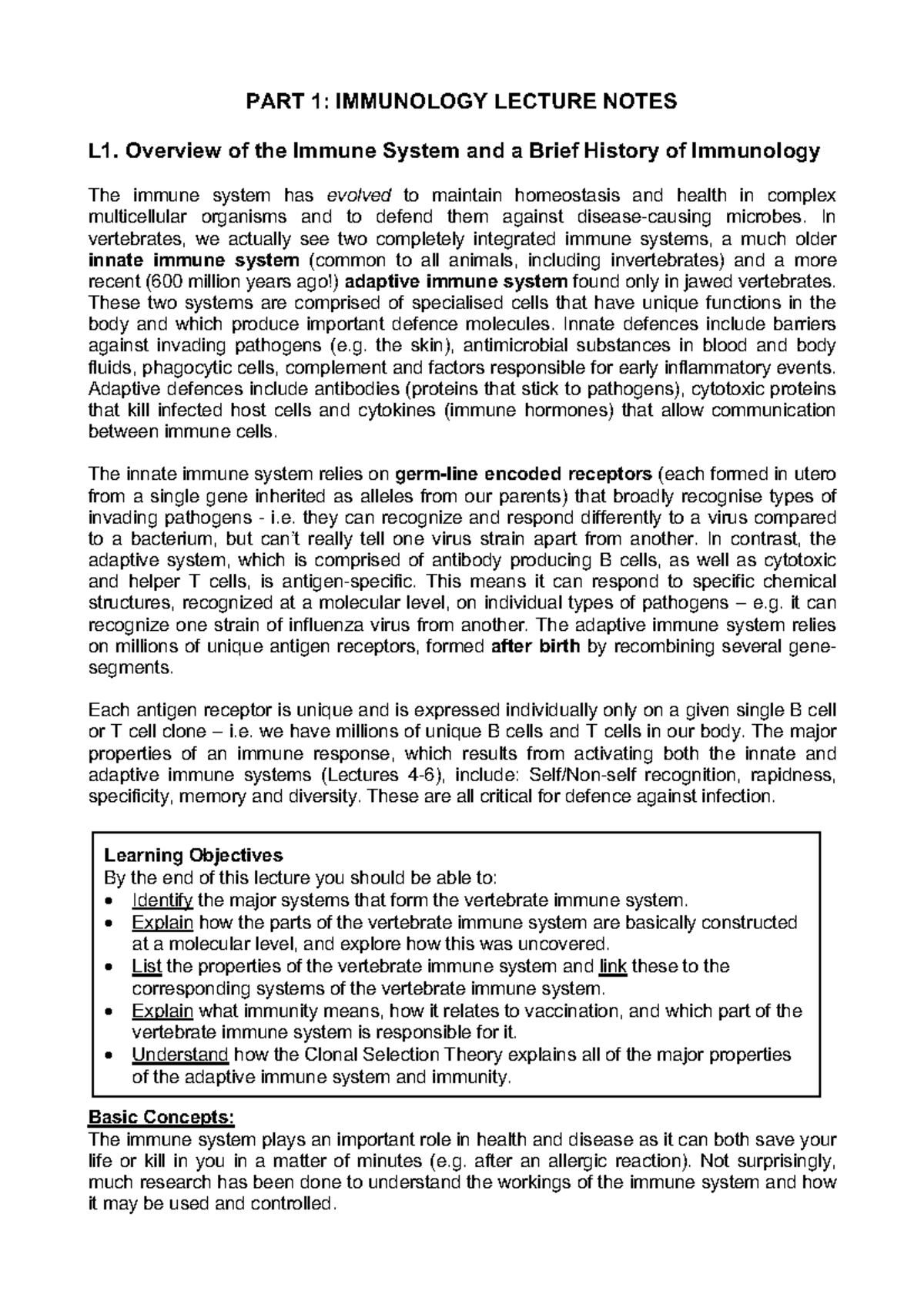Immuno Notes Lect1to6 - PART 1: IMMUNOLOGY LECTURE NOTES L1. Overview ...